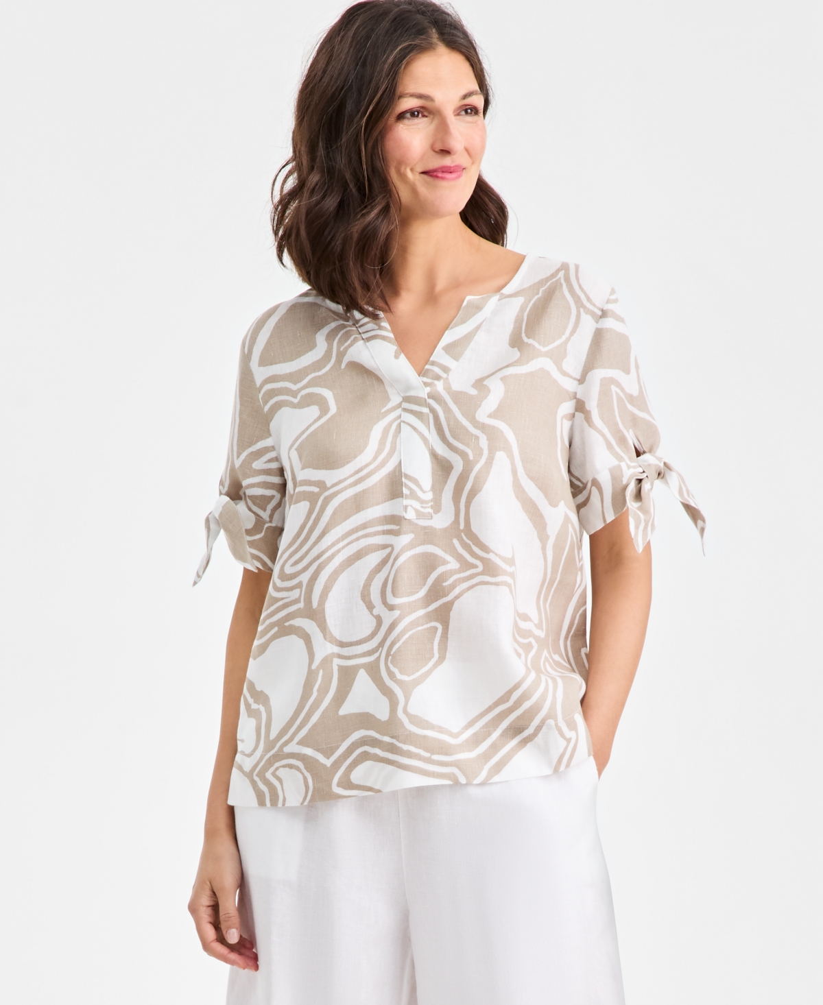 Click here for Charter Club Womens 100 Linen Tile Tie-Cuff Split-... prices