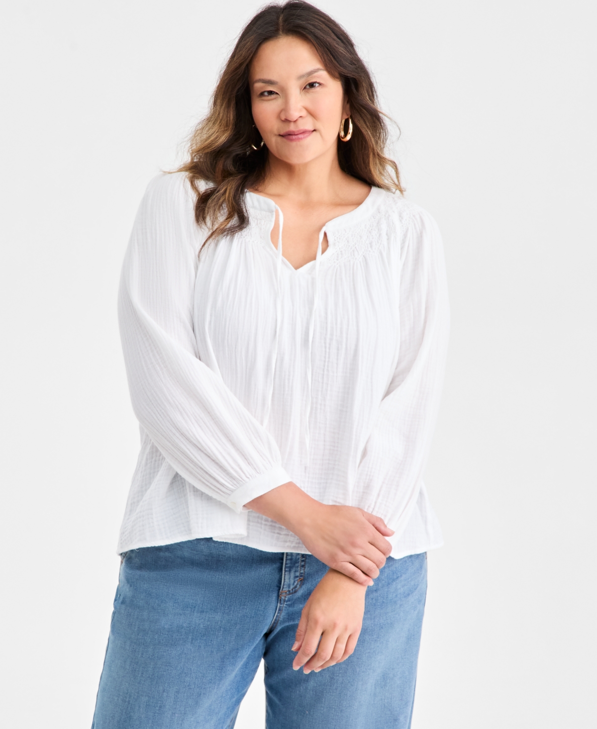 Click here for Style & Co Plus Size Cotton Smocked Tie-Neck Top... prices