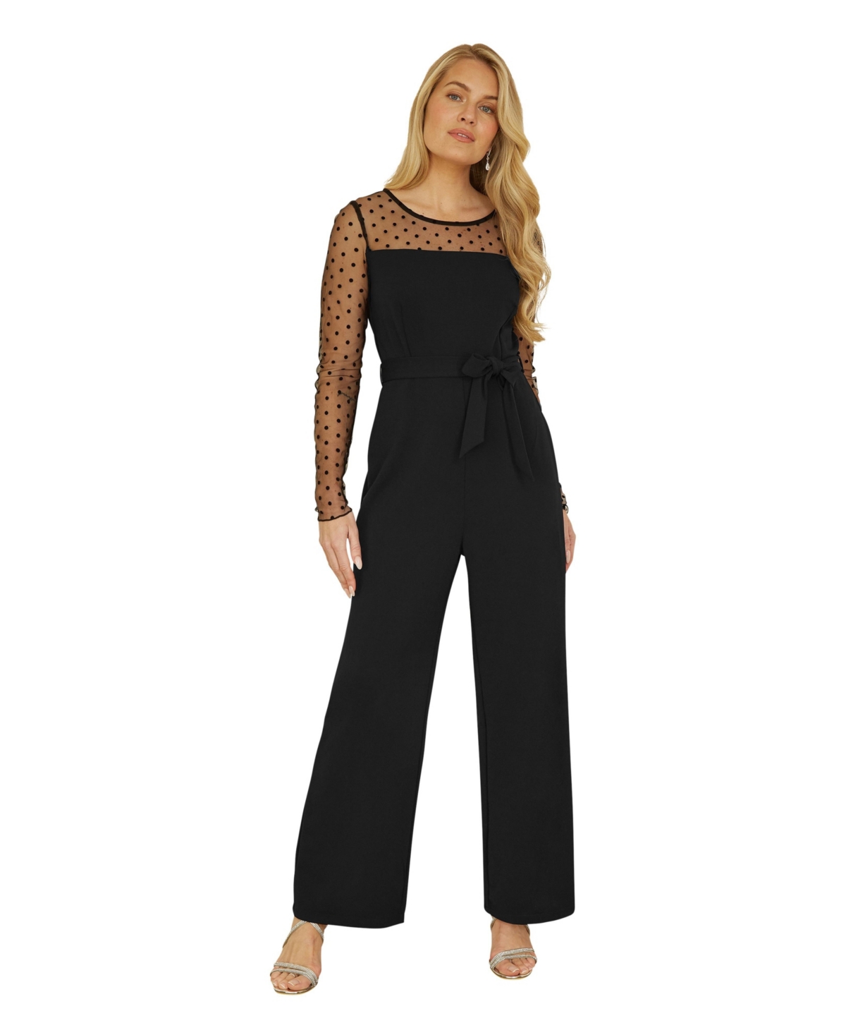 Click here for Yumi Womens Black Spot Mesh Stretch Jumpsuit - Bla... prices