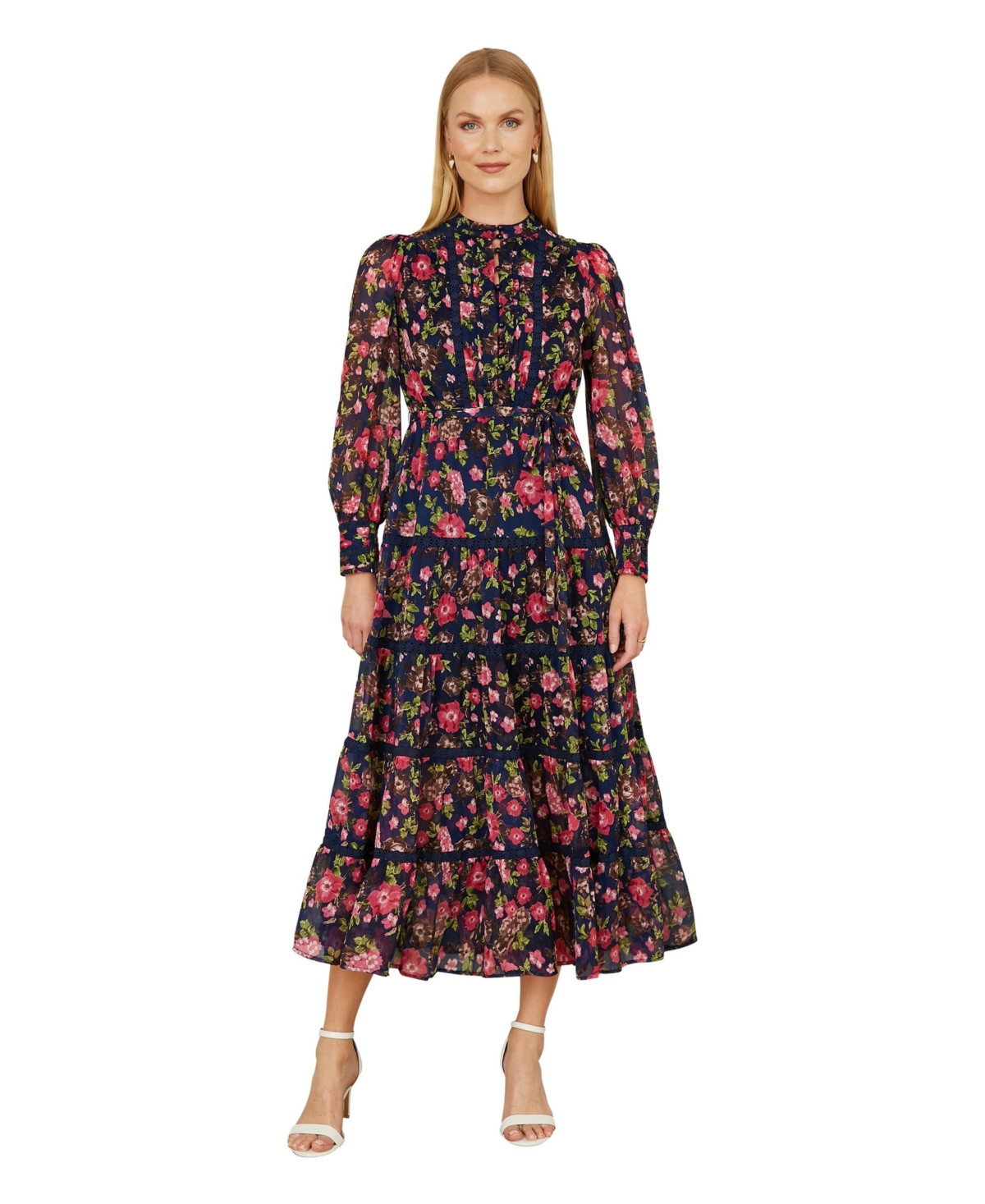 Click here for Yumi Blossom Print Lace Trim Maxi Dress - Navy prices