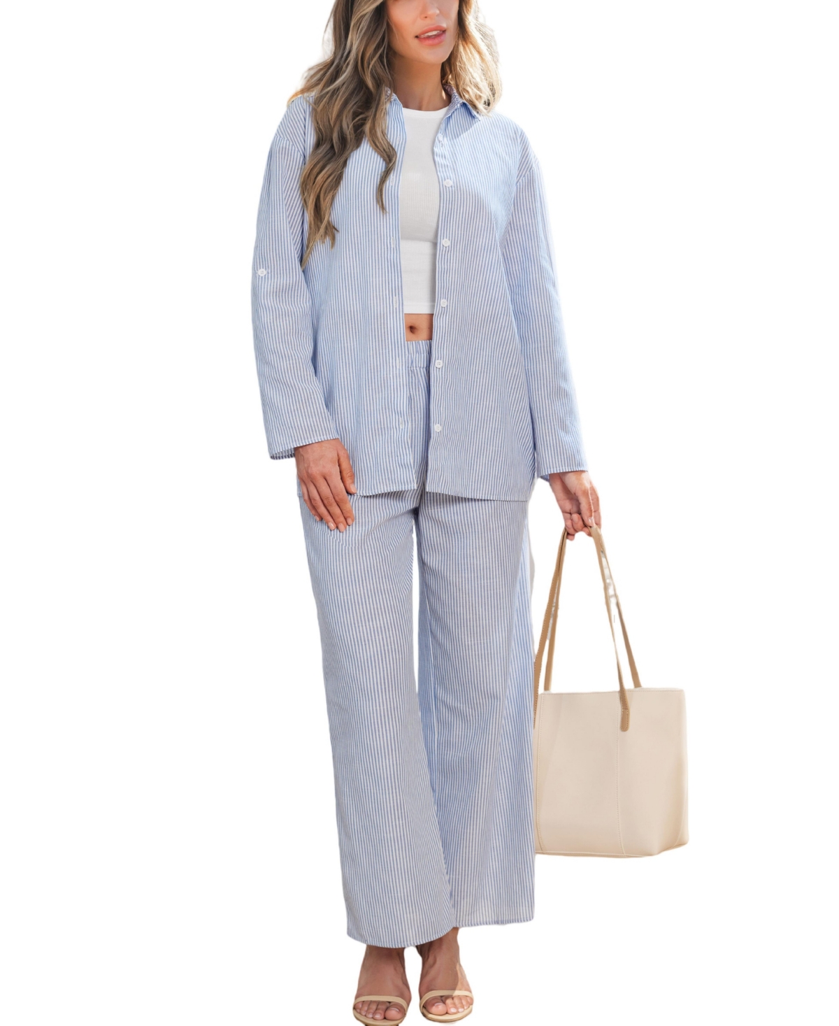 Click here for Cupshe Womens Striped Button Down Matching Set - B... prices