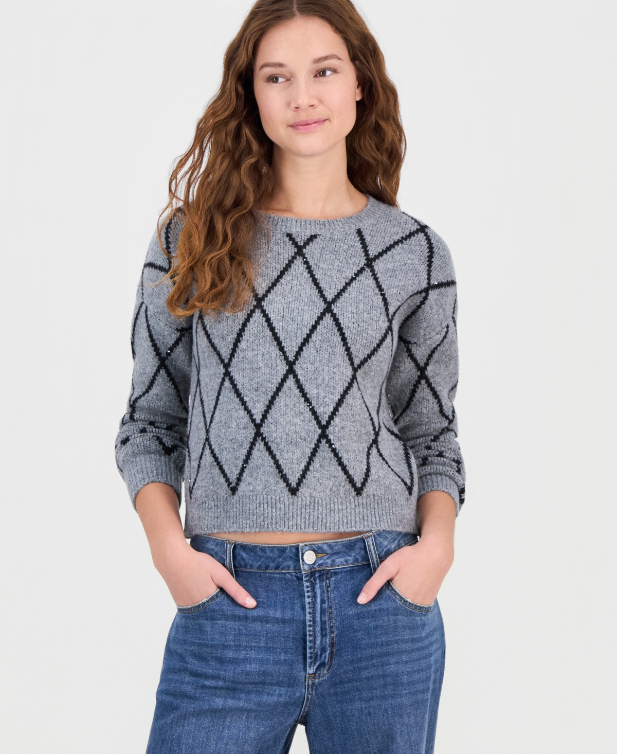 Click here for Planet Heart Juniors Sequin Plaid Crewneck Sweater... prices
