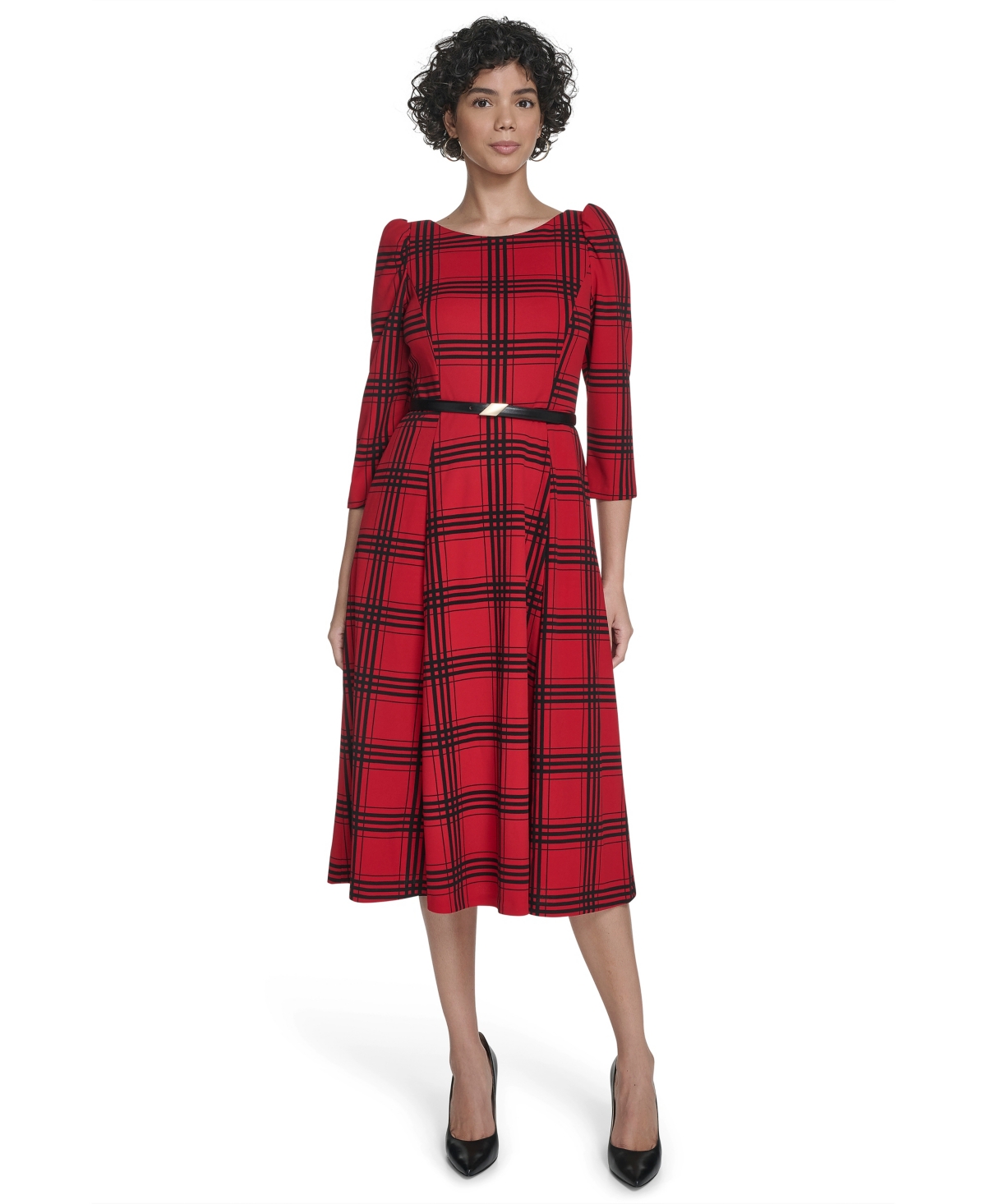 Click here for Calvin Klein Womens 3/4-Sleeve Plaid Midi Dress -... prices