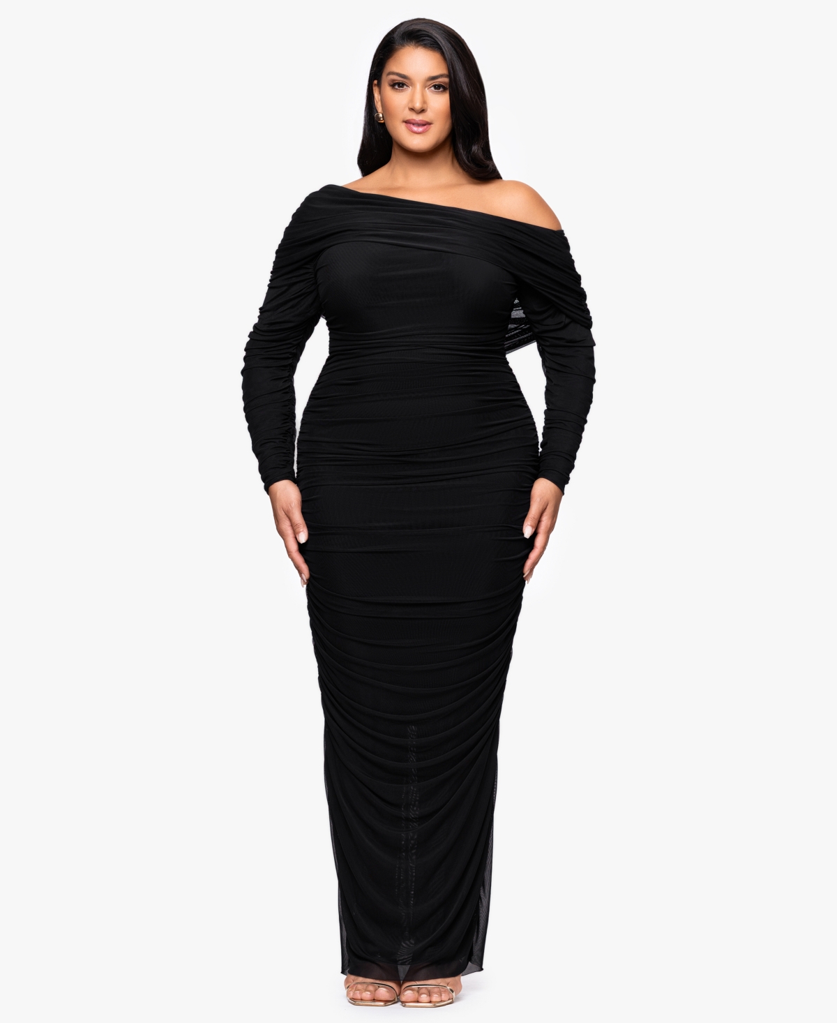 Click here for Betsy & Adam Plus Size Long Ruched Mesh Dress - Bl... prices