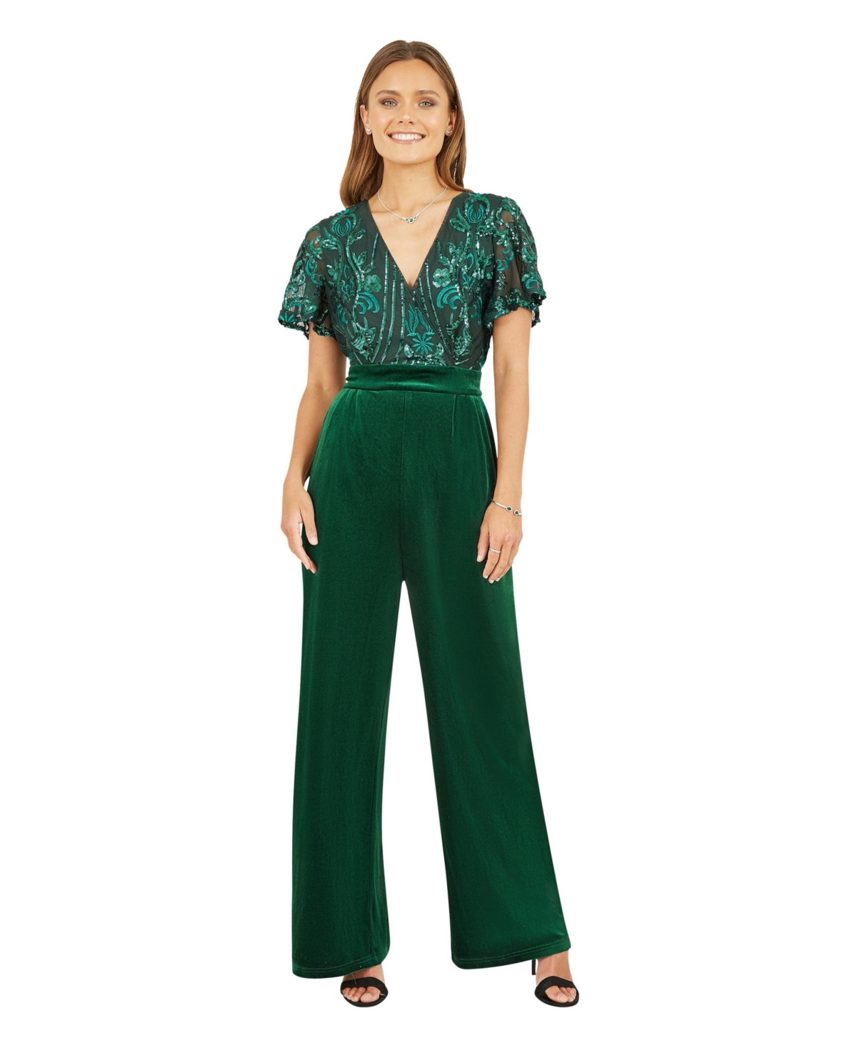 Click here for Yumi Womens Wrap Sequin Embellished Velvet Jumpsui... prices