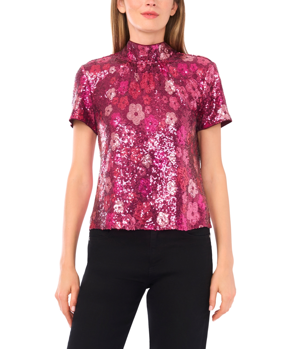 Click here for CeCe Womens Short Sleeves Mock Neck Sequin Top - R... prices