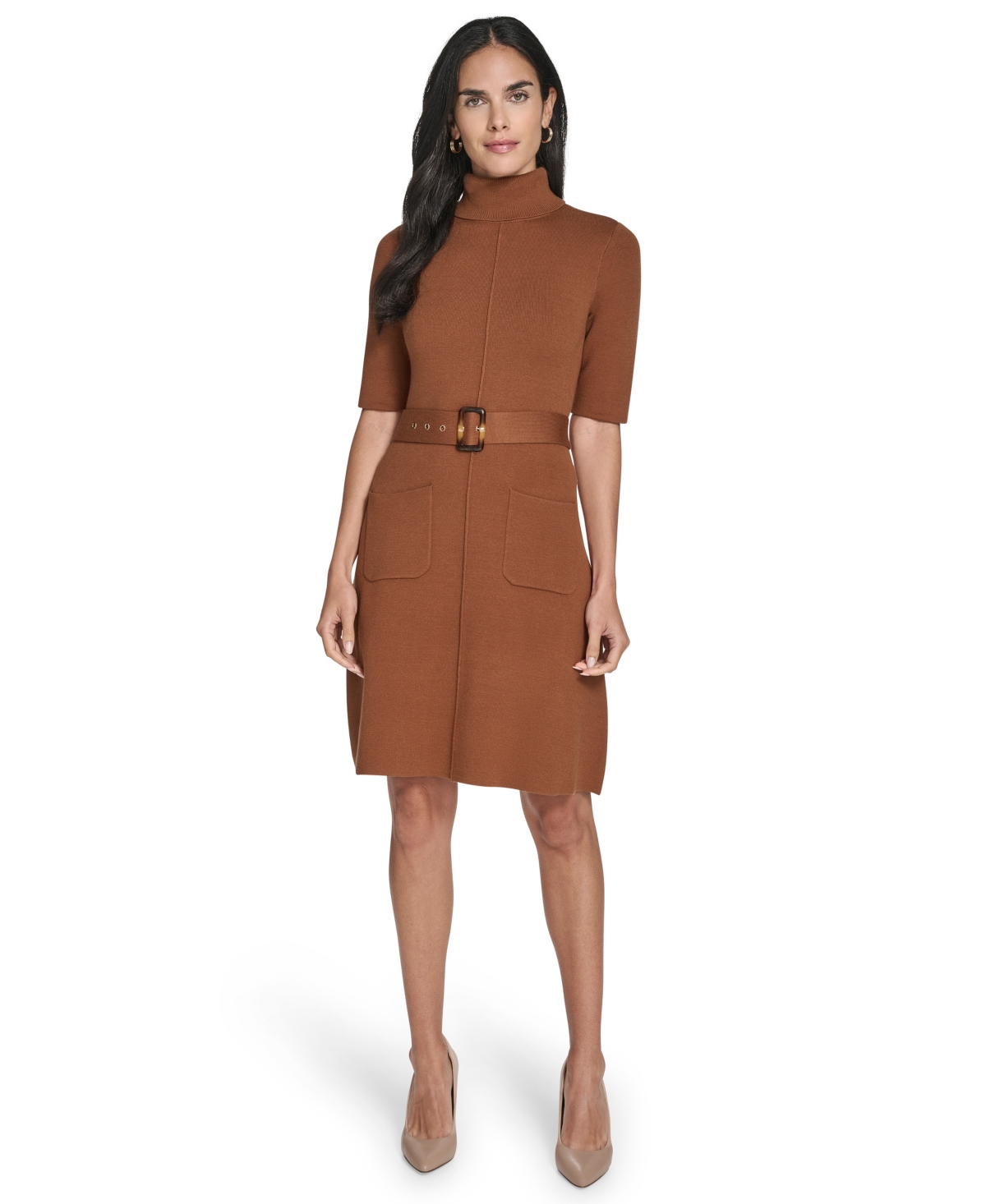 Jessica Howard Womens Turtle Neck Elbow Sleeve Belted Dress - Nutmeg