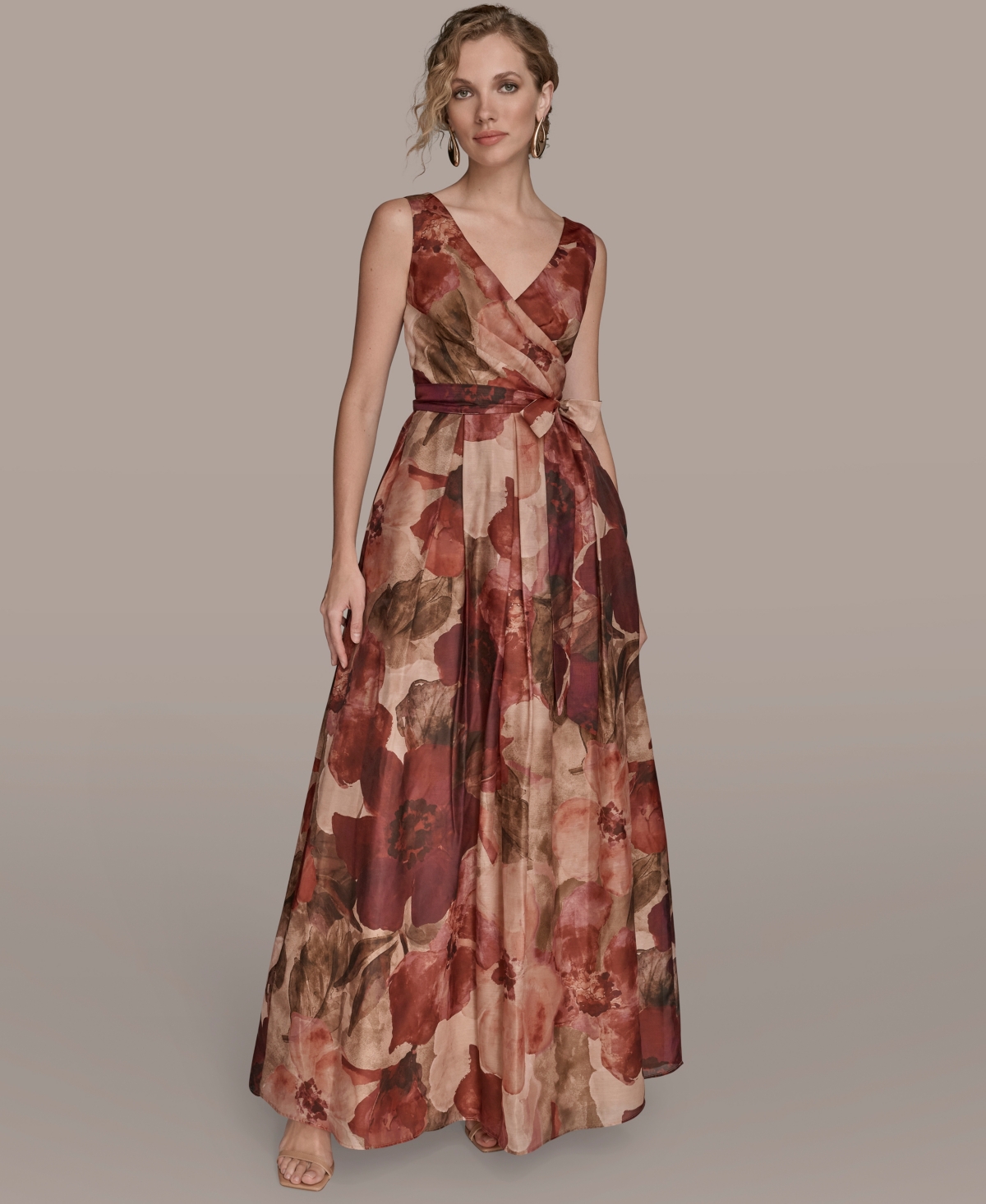 Donna Karan New York Womens V-Neck Floral Ball Gown - Rhododendron Multi
