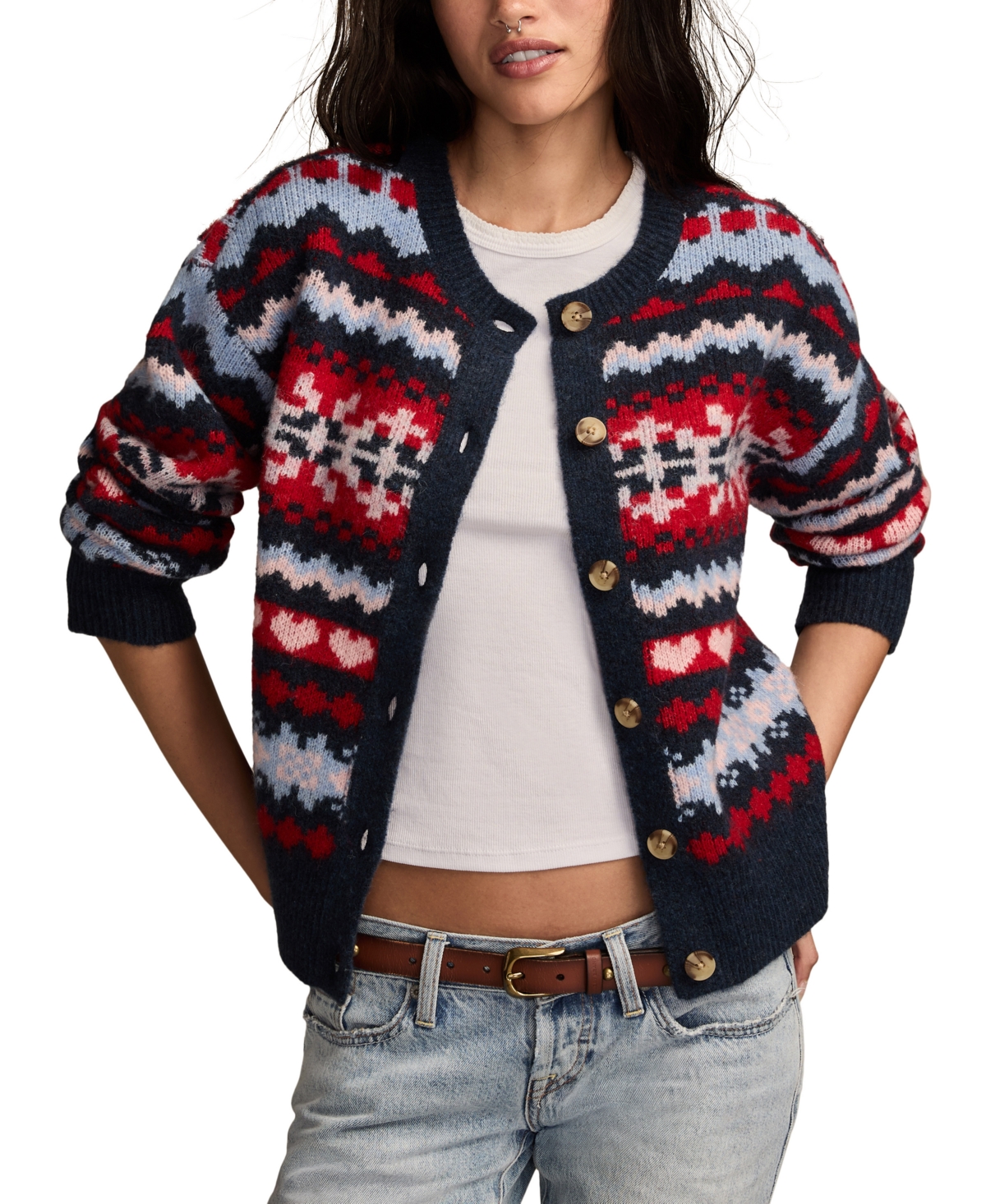 Click here for Lucky Brand Womens Fair Isle Crew Neck Cardigan Sw... prices