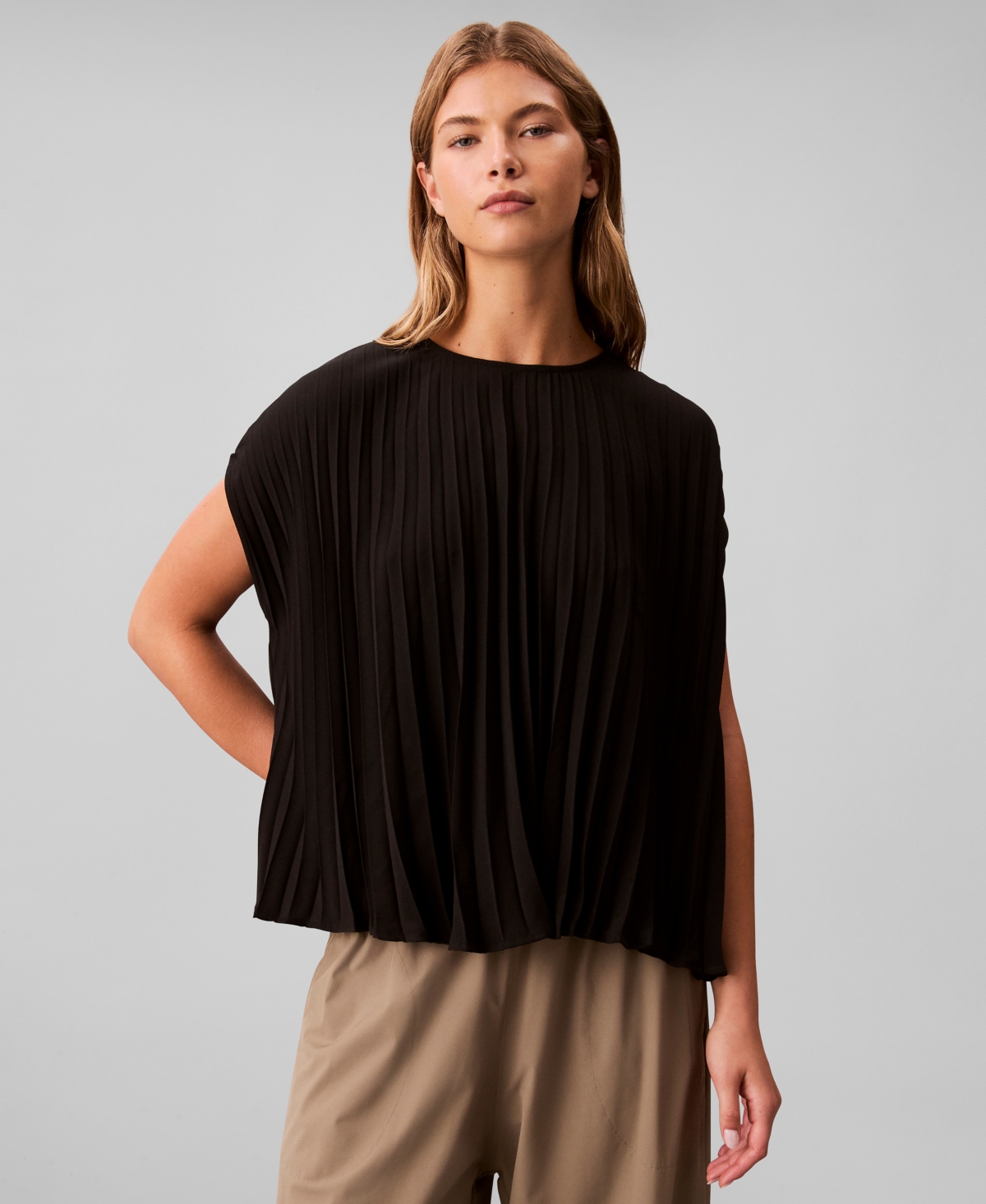 Click here for Calvin Klein Womens Pleated Short Sleeve Top - Bla... prices