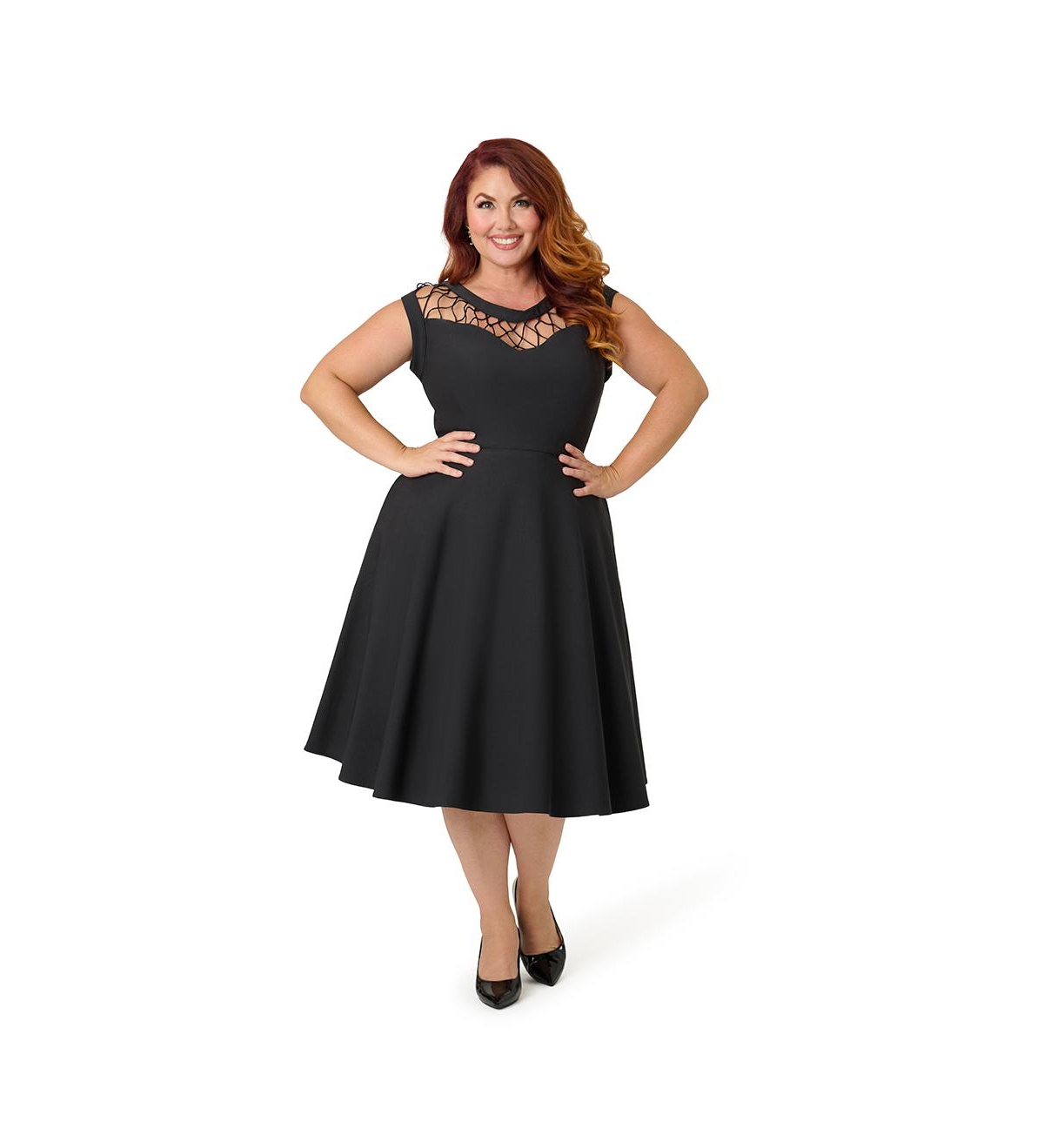 Unique Vintage Plus Size Diamond Cutout Swing Dress - Black