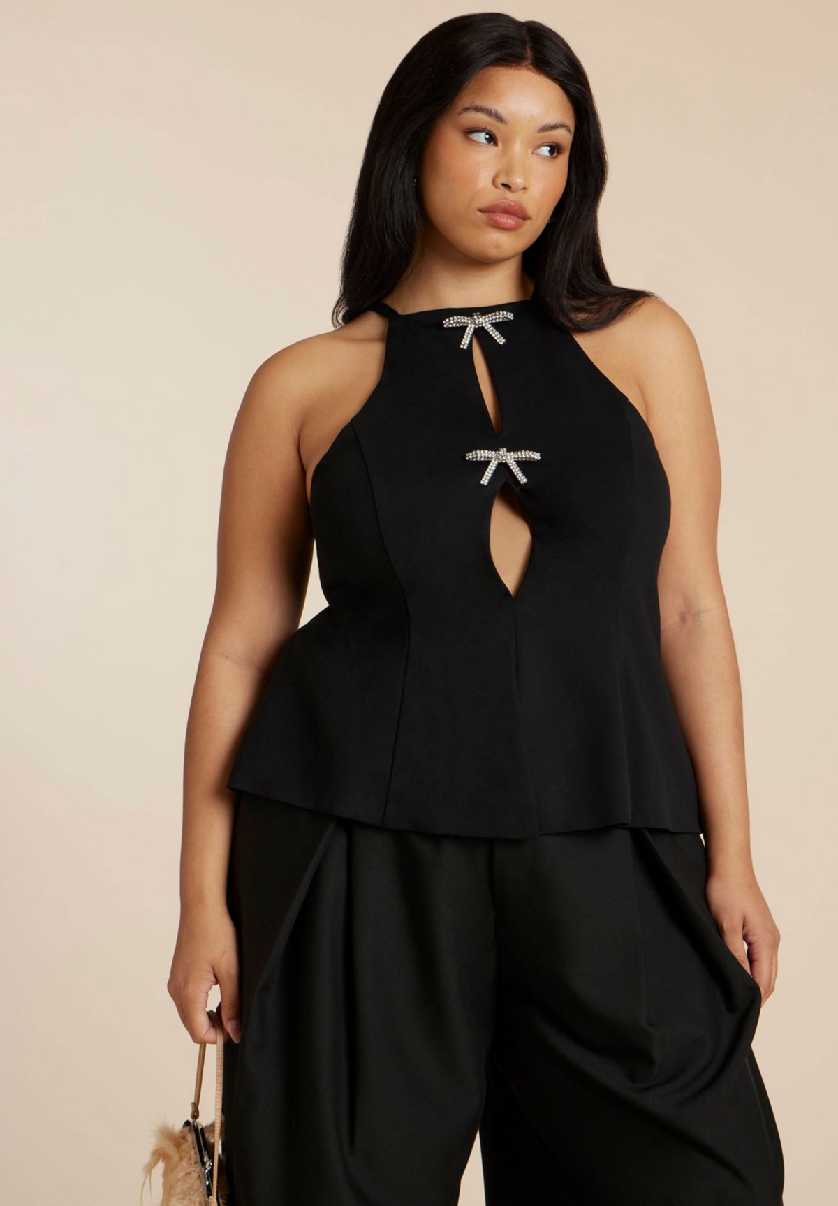 Click here for Eloquii Womens Bow Detail Halter Top - Black onyx prices