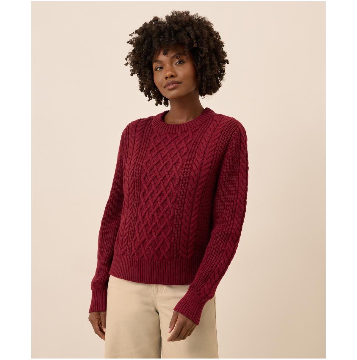 Click here for Pact Womens Cable Knit Crew Sweater - Crimson red prices