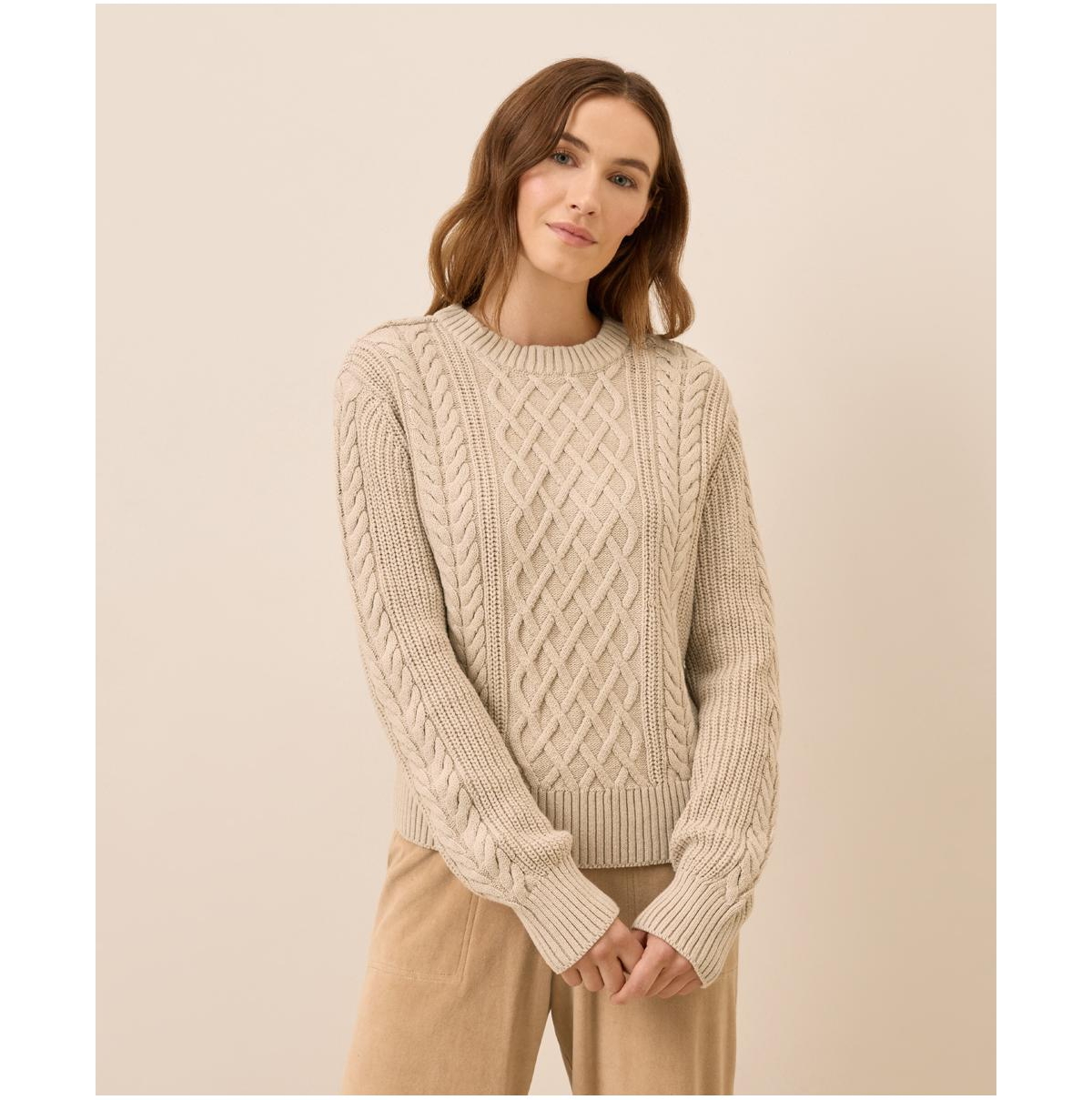 Click here for Pact Womens Cable Knit Crew Sweater - Flax heather prices