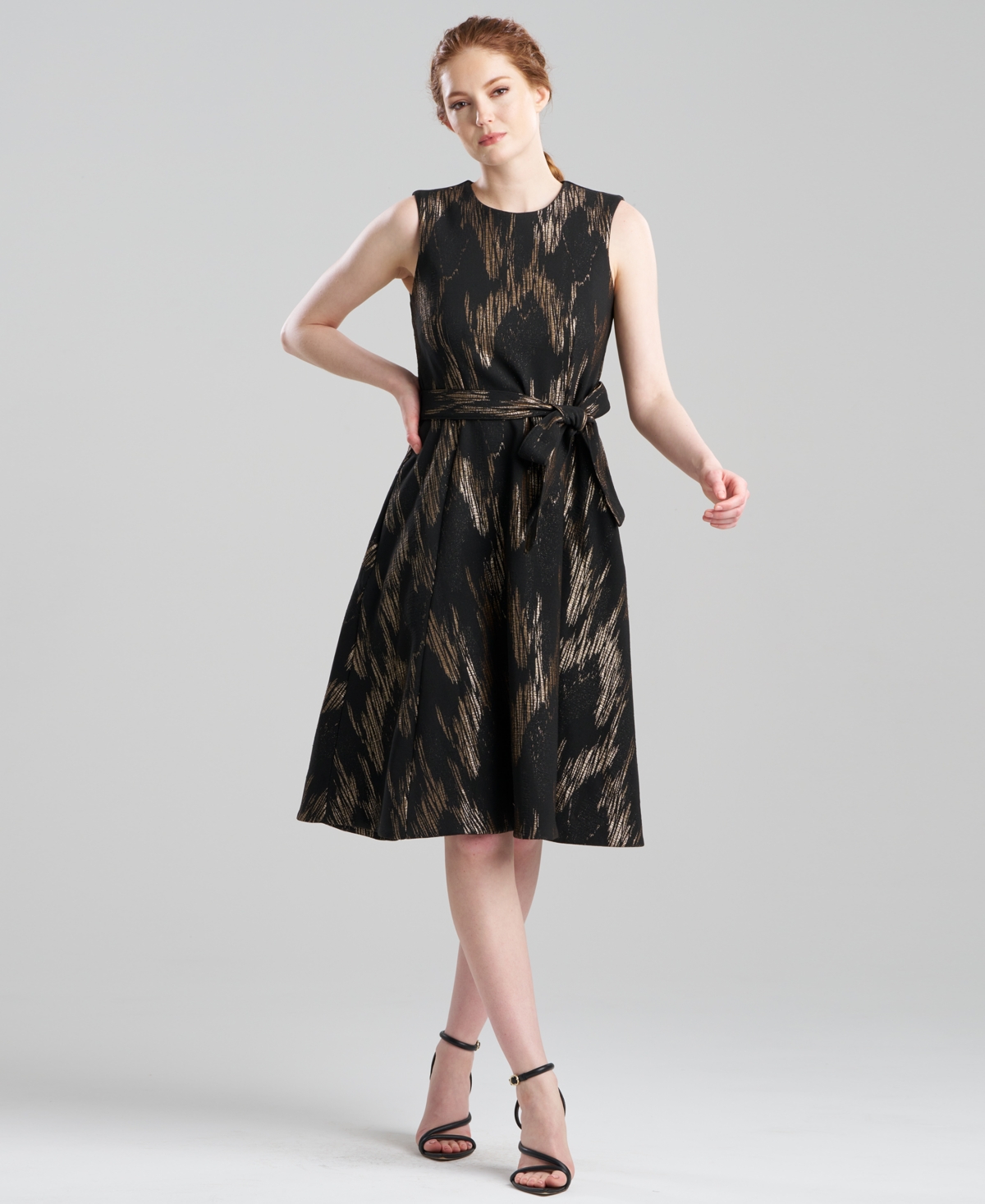 Click here for Natori Womens Art Deco Crew Neck Dress - Black/Gol... prices