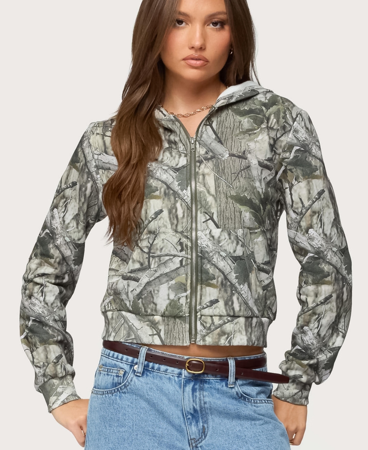 Click here for Edikted Womens Tayler Camo Zip Up Hoodie - Olive prices