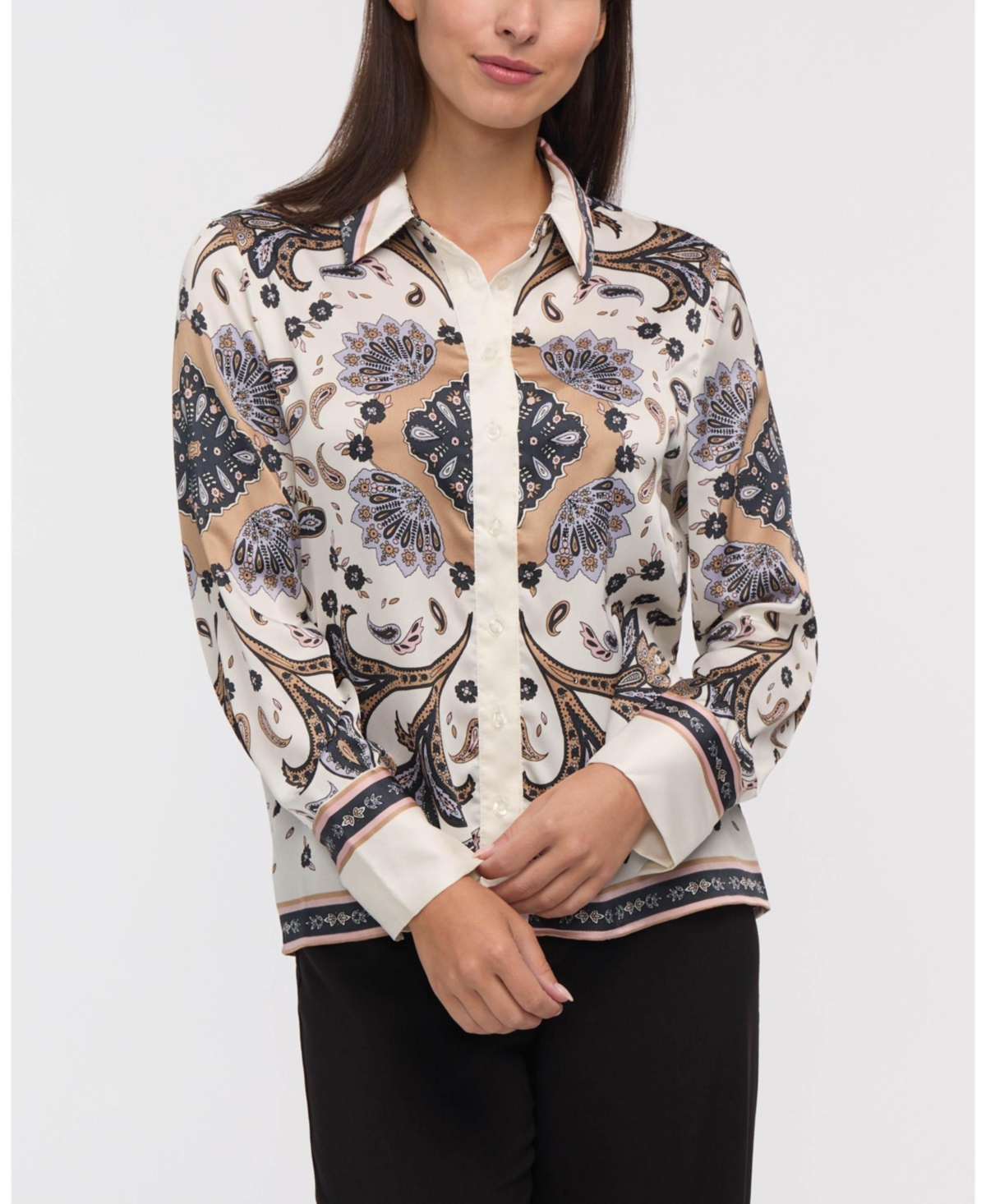 Click here for Ellen Tracy Womens Satin Button Down Printed Blous... prices