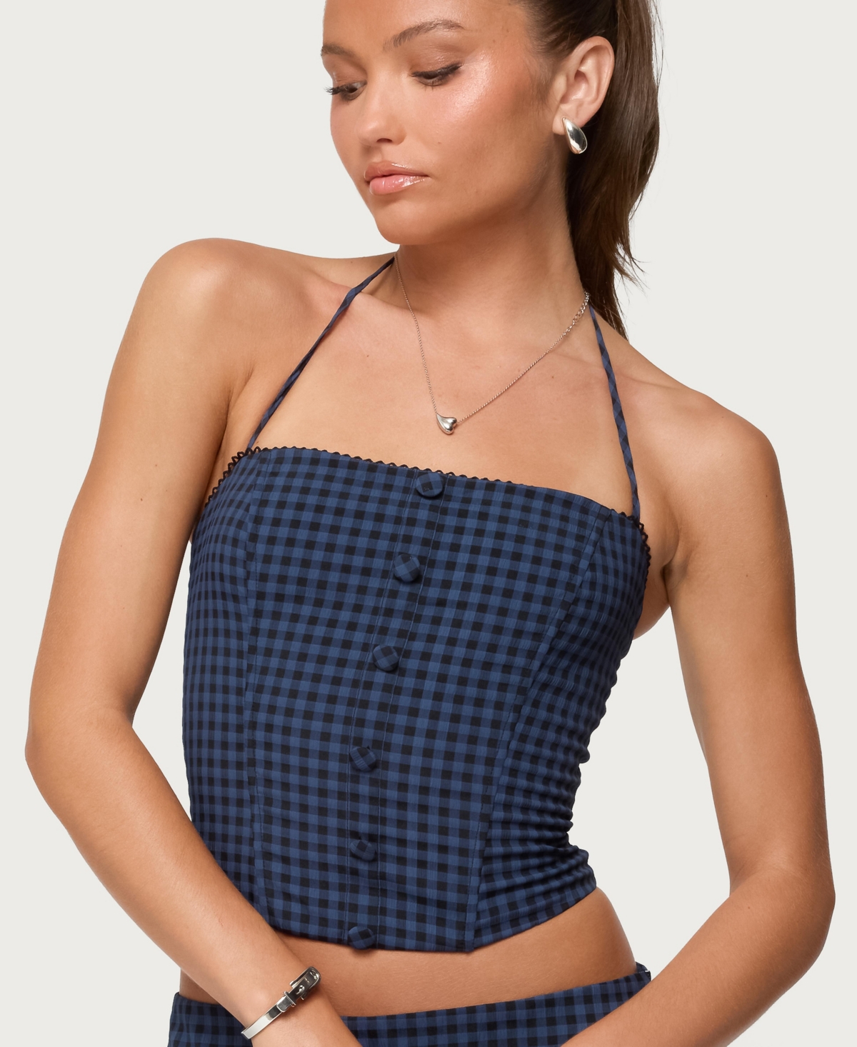 Click here for Edikted Womens Winsley Gingham Halter Corset - Blu... prices