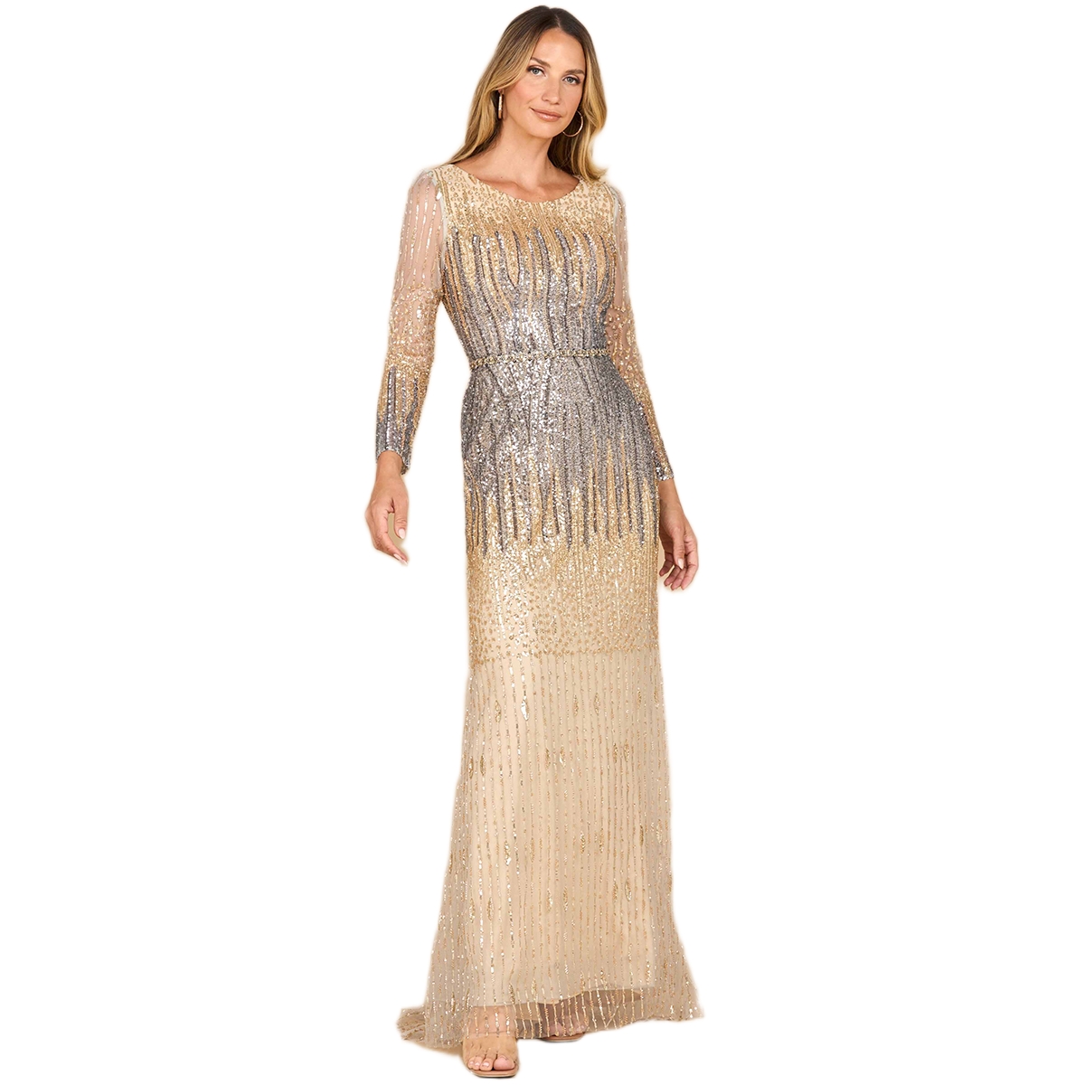 Click here for Lara Womens Mermaid  Beaded Long Sleeve Gown - Gol... prices