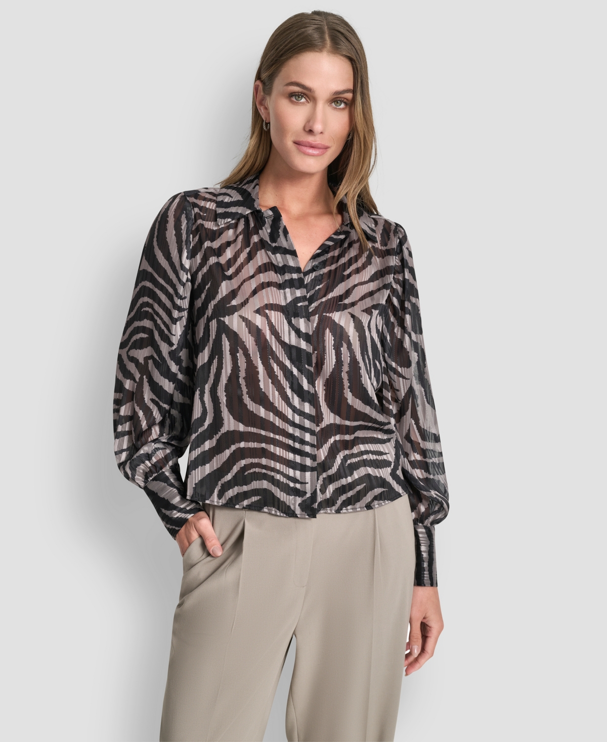 Click here for Dkny Womens Long Sleeve Collared Blouse - Black/ta... prices