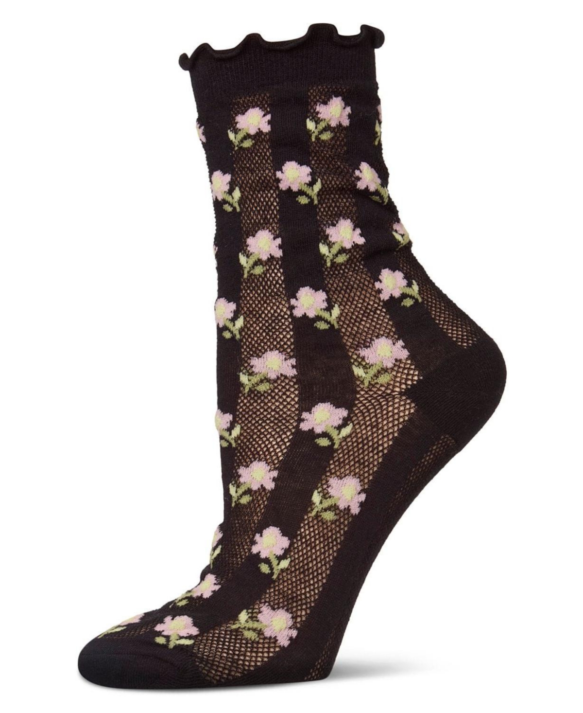 MeMoi Womens Ditsy Floral Cotton-Rich Mini-Net Ruffle-Edge Ankle Sock - Black