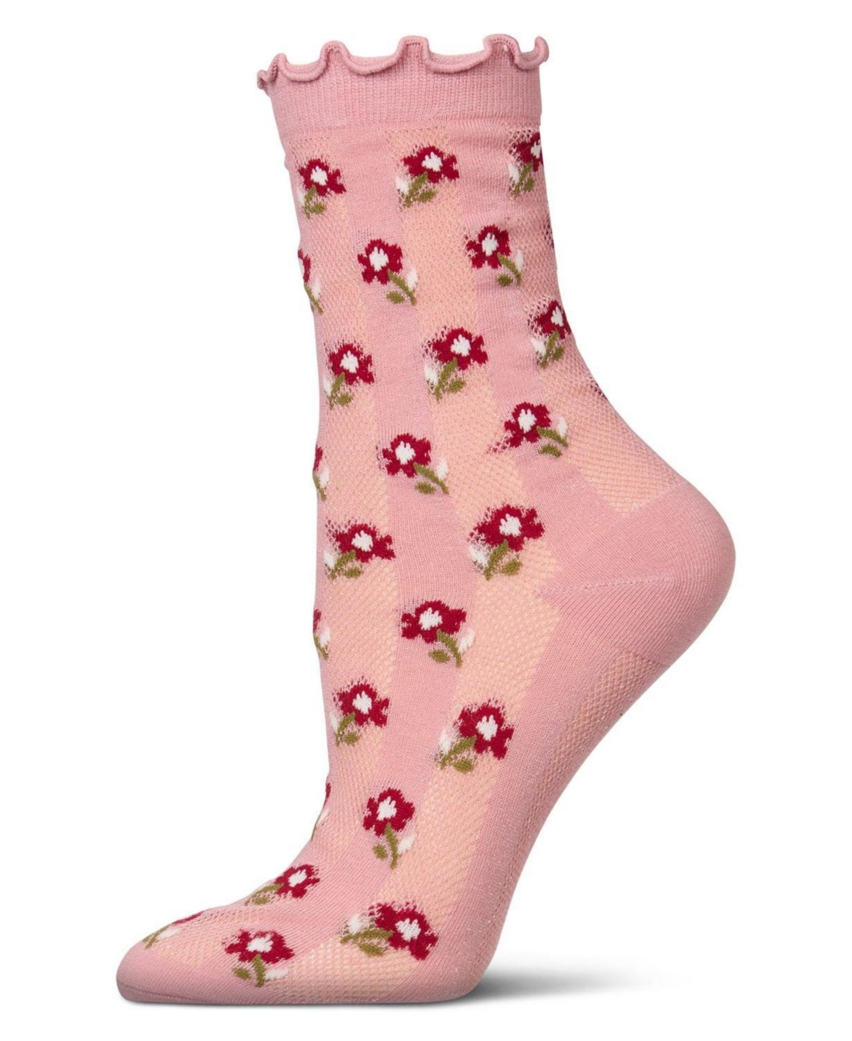 MeMoi Womens Ditsy Floral Cotton-Rich Mini-Net Ruffle-Edge Ankle Sock - Mauve