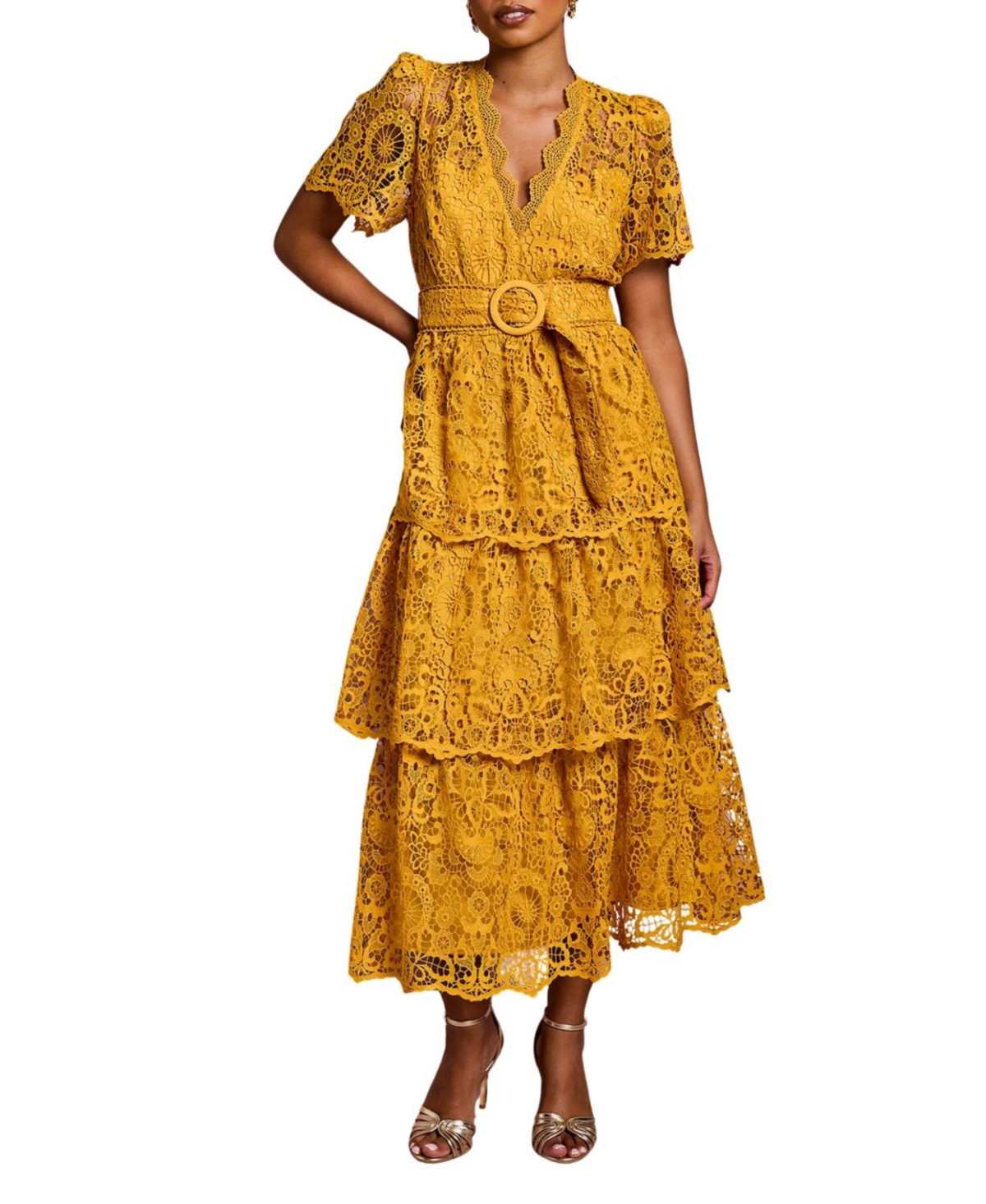 Click here for Coast Womens Tiered Lace Midi Dress - Gold prices