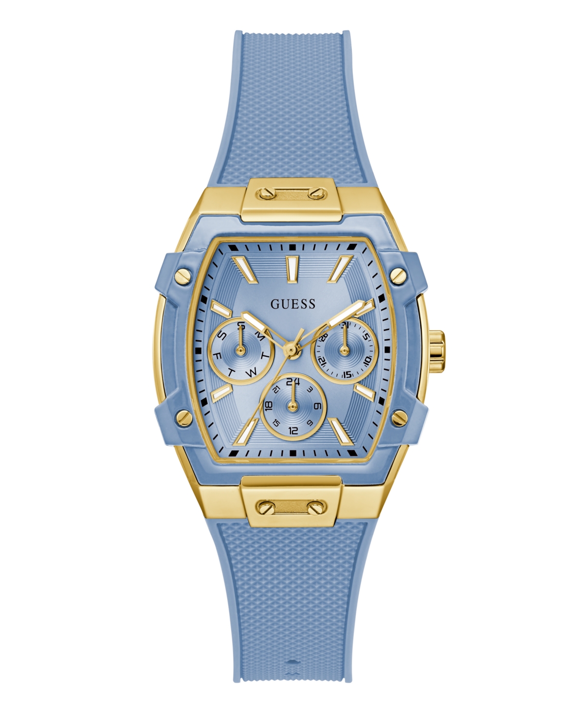 Click here for Guess Womens Gold-Tone Light Blue Silicone Multi-F... prices