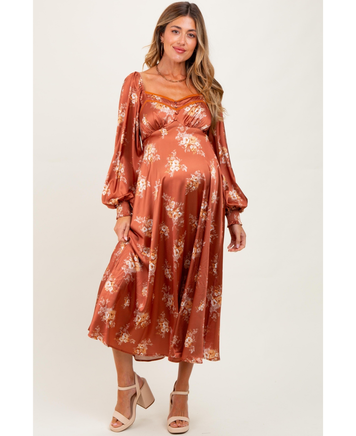 Click here for Pinkblush Maternity Rust Satin Floral Bubble Sleev... prices