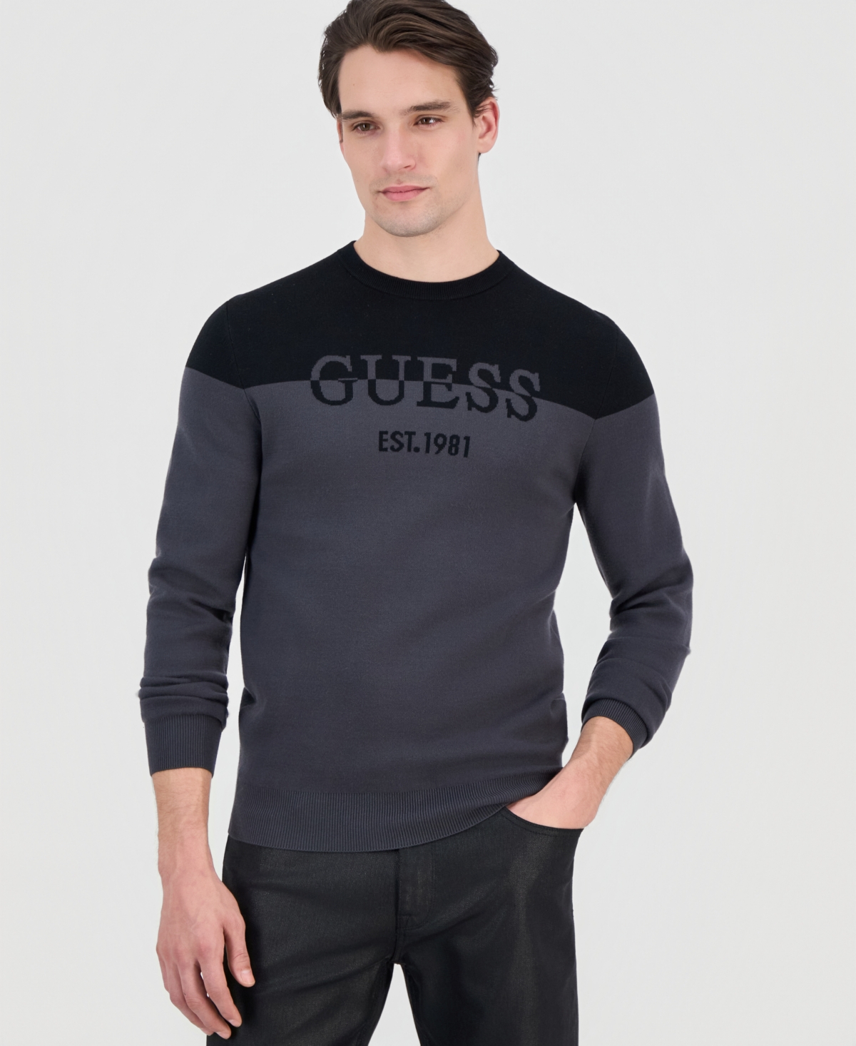 Click here for Guess Mens Kantu Two-Tone Crewneck Logo Sweater -... prices