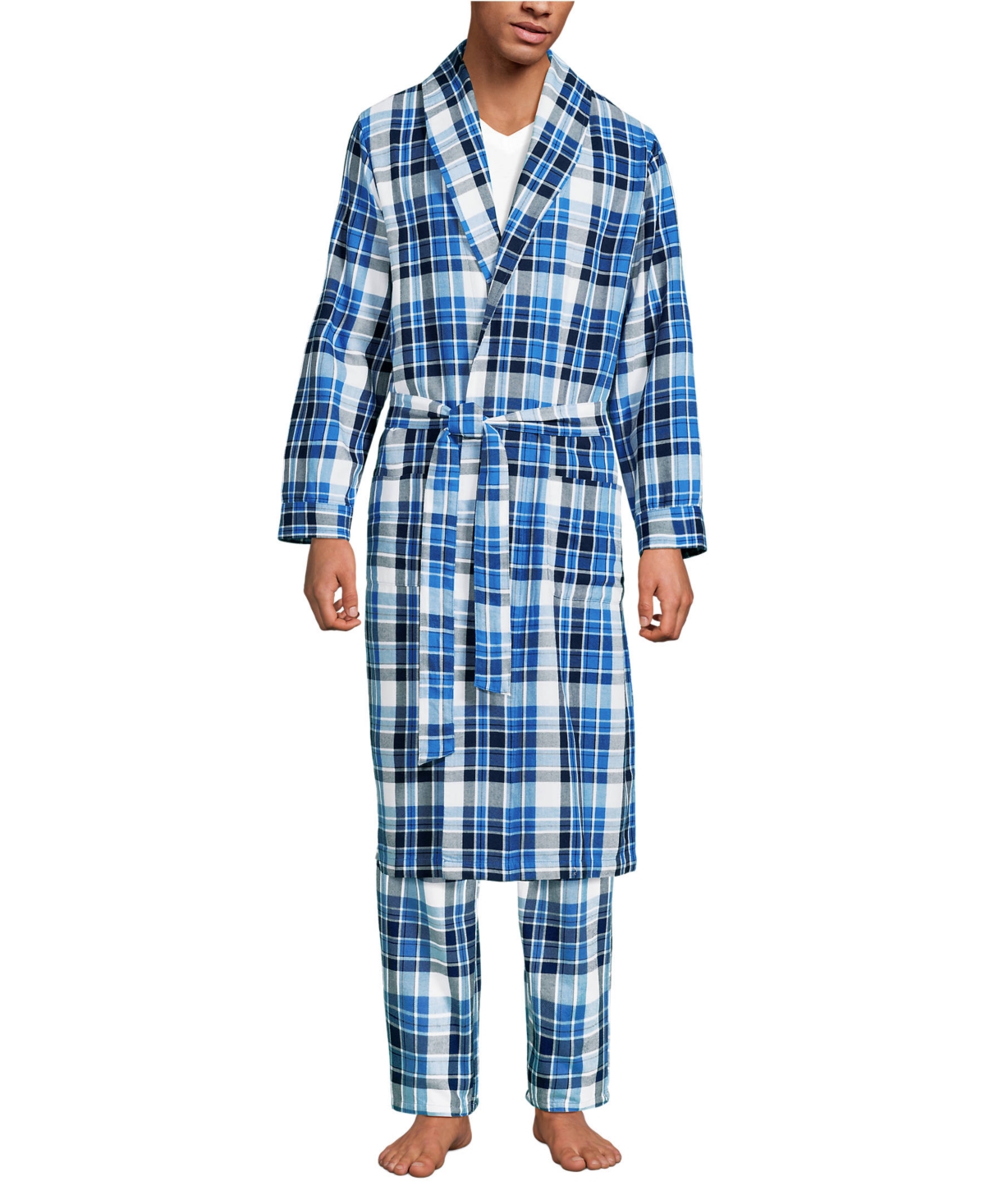 Click here for Lands End Mens Flannel Robe - Muted cobalt blue pl... prices