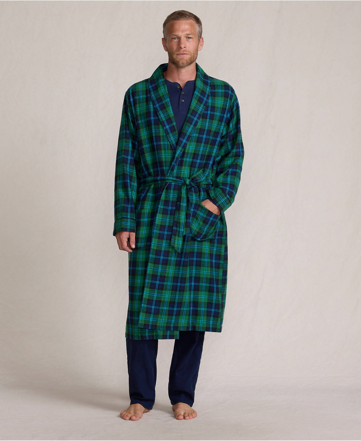 Click here for Lands End Mens Flannel Robe - Light emerald blackw... prices