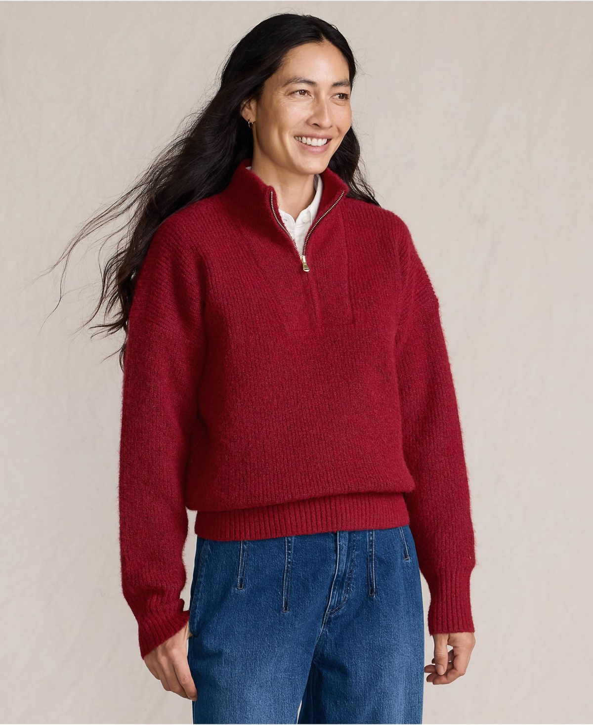 Click here for Lands End Womens Fuzzy Wedged Quarter Zip Sweater... prices