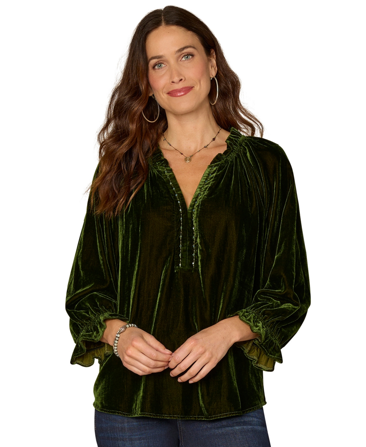 Click here for Democracy Petite 3/4-Sleeve Pull-On Velvet Top - N... prices