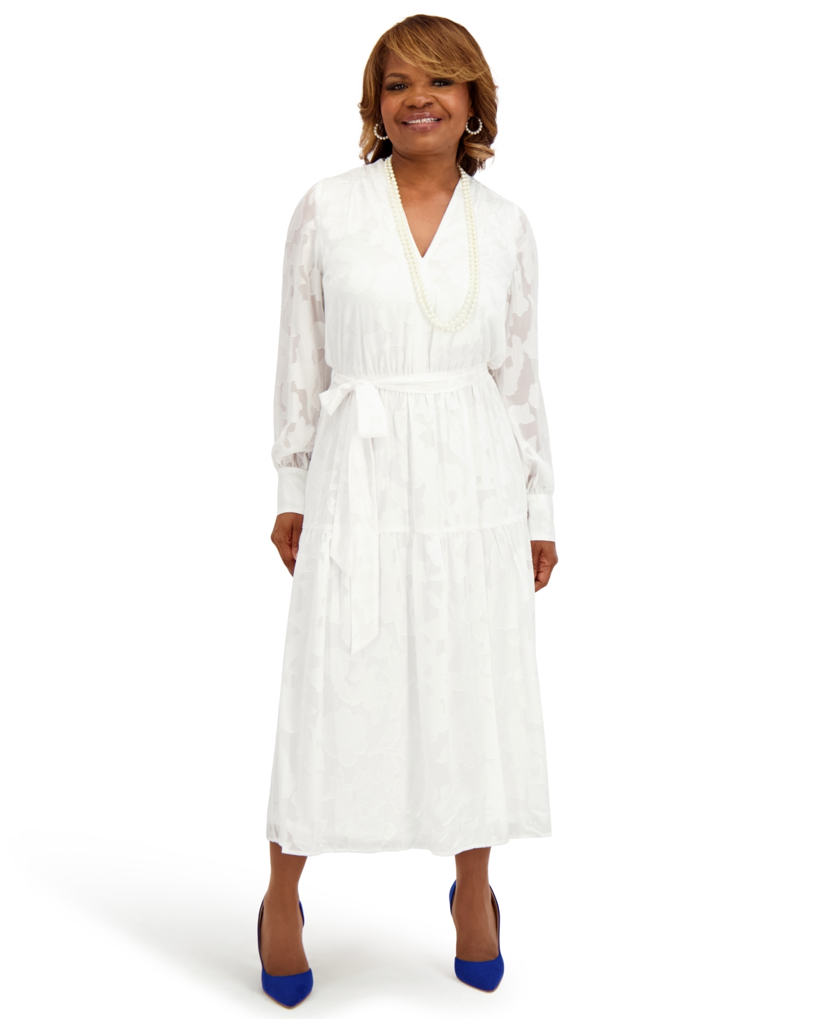 Click here for Kasper Womens Soft V-Neck Tiered Midi Dress - Whit... prices