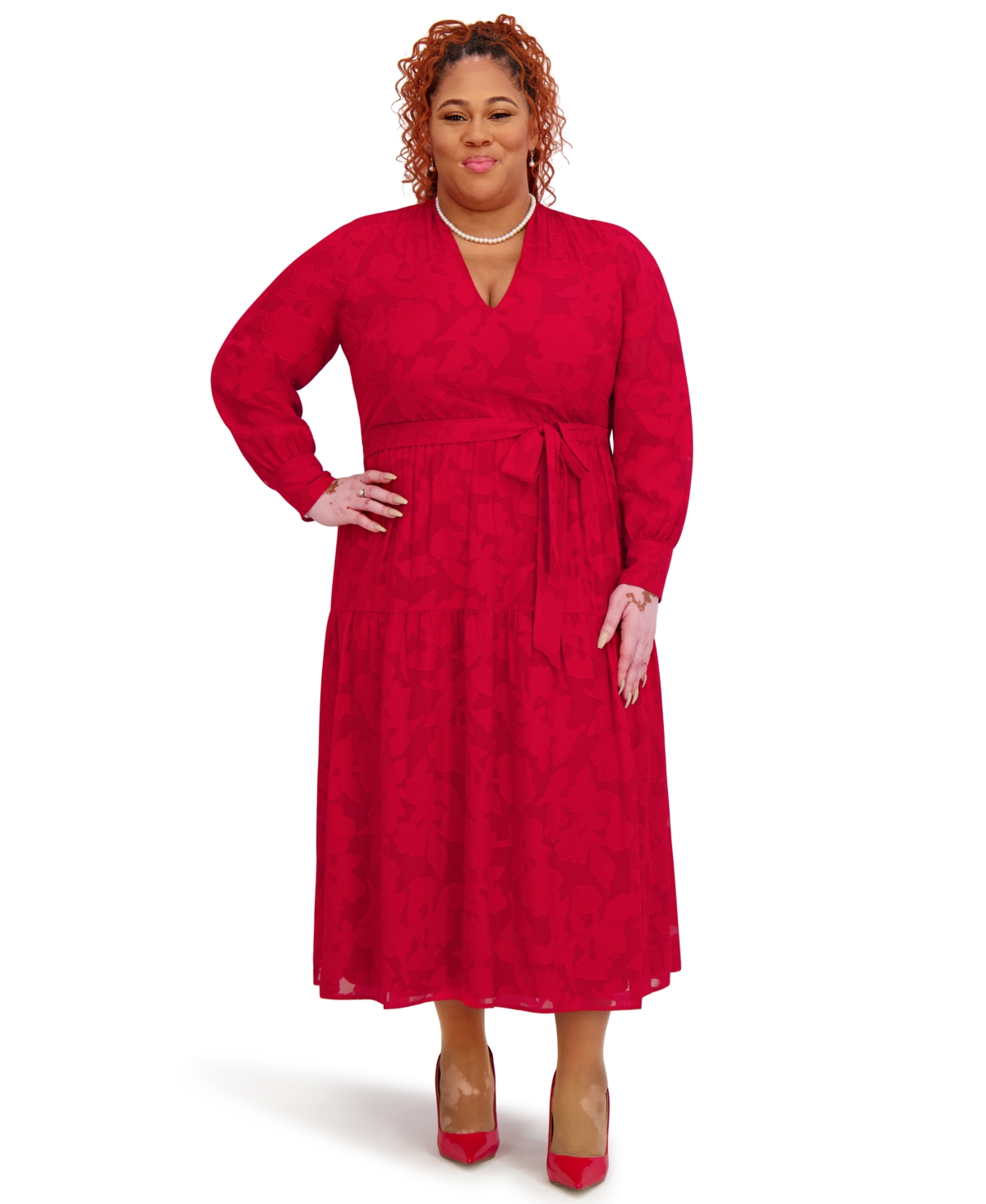 Click here for Kasper Womens Soft V-Neck Tiered Midi Dress - Crim... prices