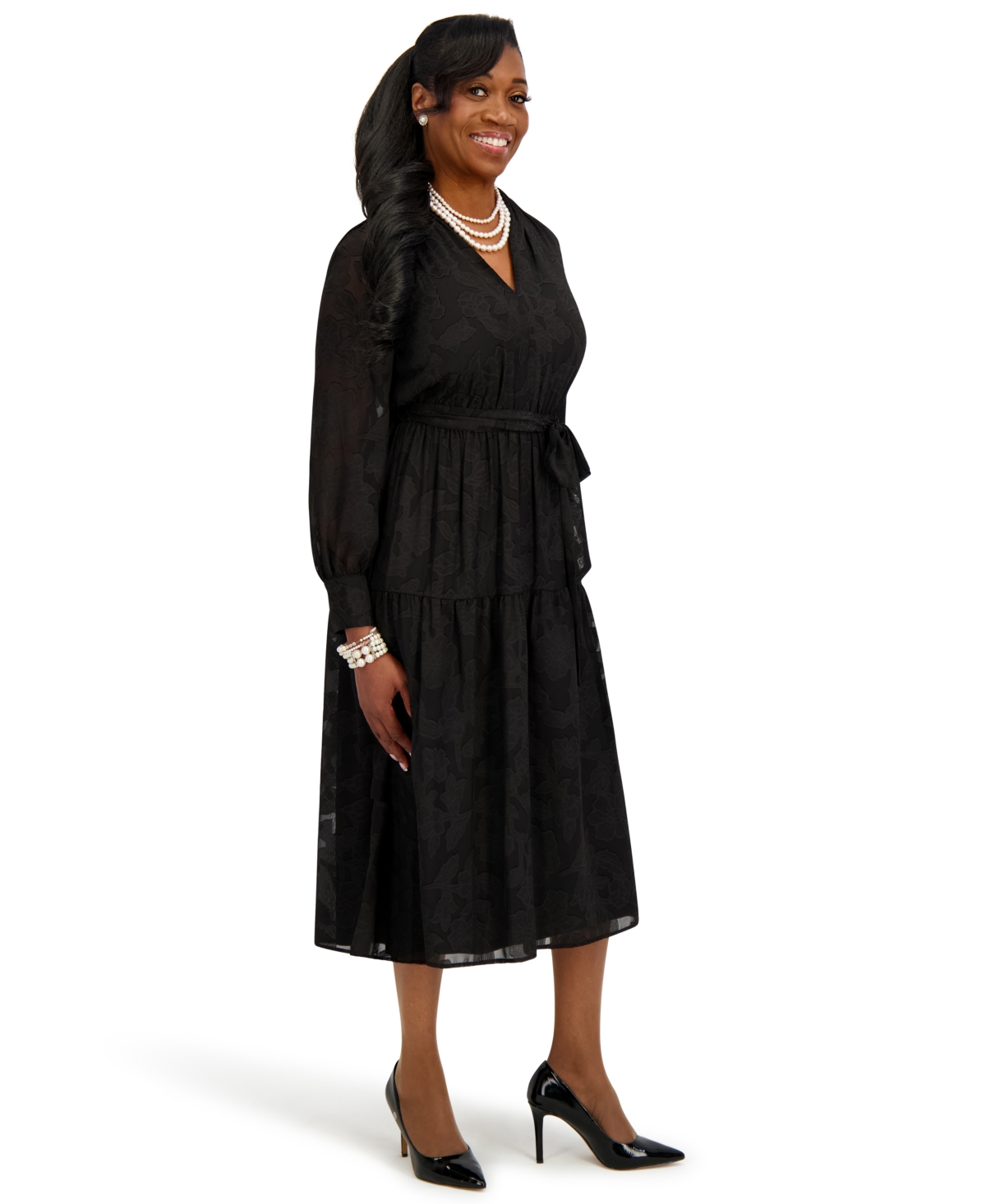 Click here for Kasper Womens Soft V-Neck Tiered Midi Dress - Blac... prices