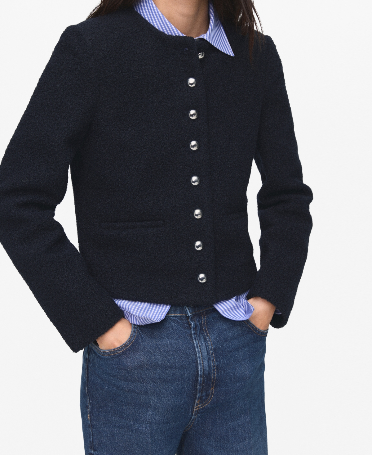 Click here for Mango Womens Jewel Buttons Boucle Jacket - Navy prices