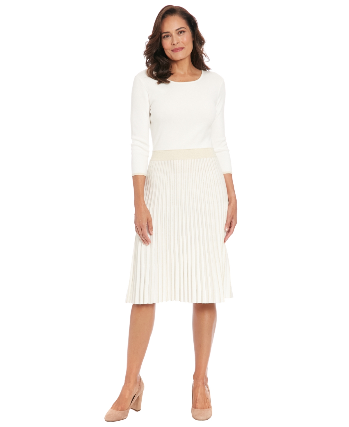 Click here for London Times Womens Mock Neck Pleated Dress - Natu... prices
