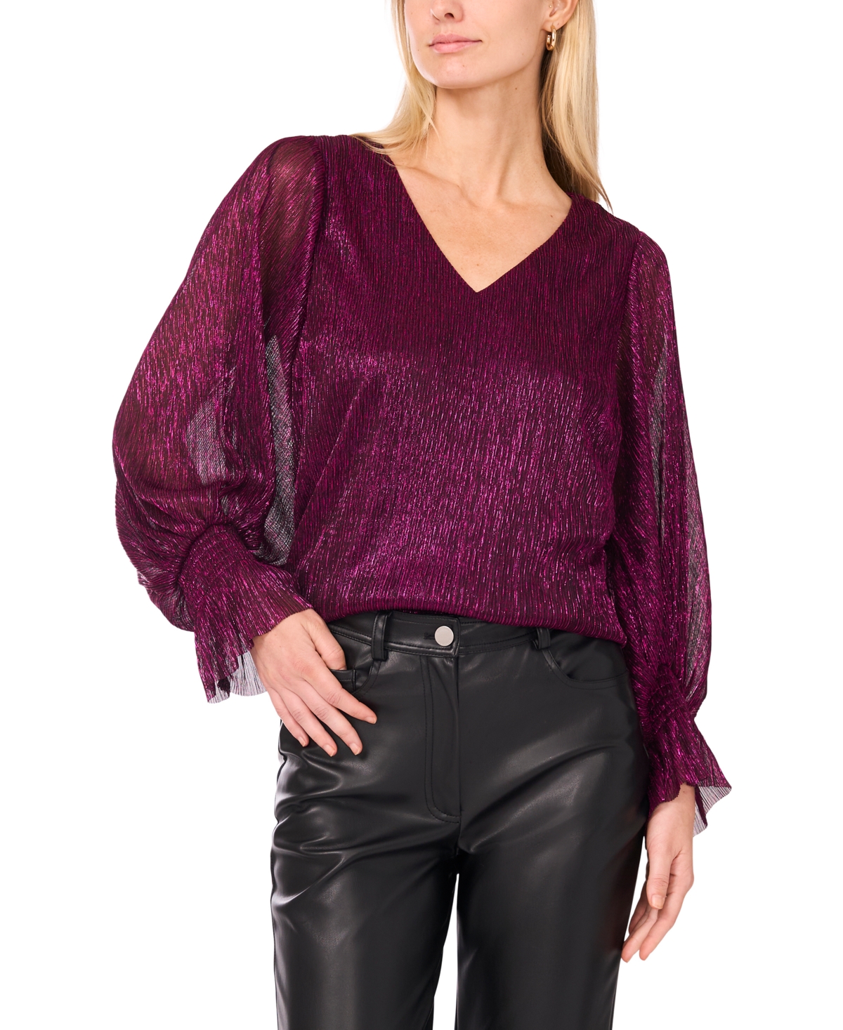 Click here for Vince Camuto Womens Metallic V-Neck Sheer-Sleeve T... prices