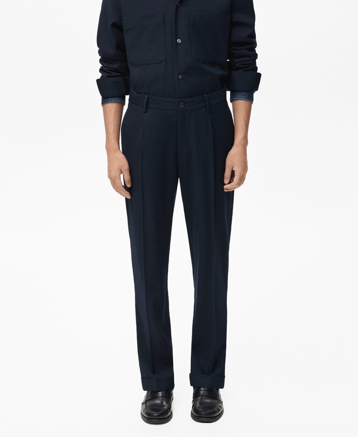 Click here for Mango Mens Regular-Fit Pleated Pants - Navy prices