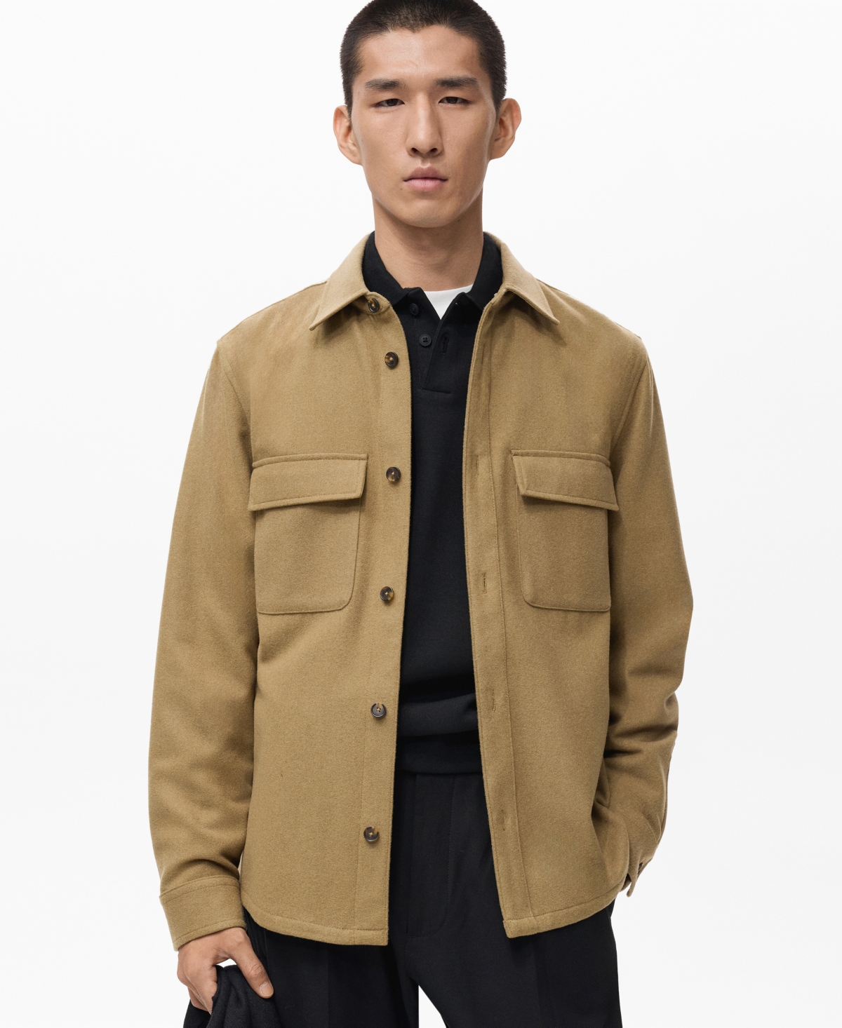 Click here for Mango Mens Wool Pockets Overshirt - Medium Brown prices