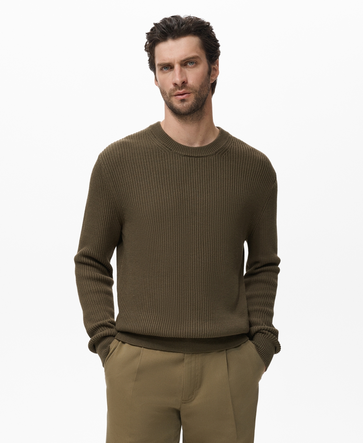 Click here for Mango Mens Fine Rib-Knit Cotton Sweater - Olive Gr... prices