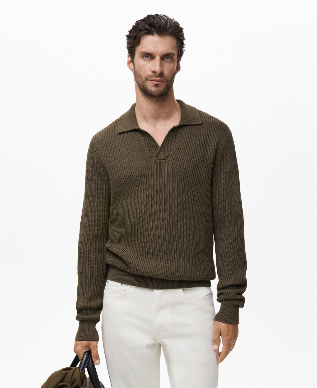 Click here for Mango Mens Structured Cotton Polo Sweater - Olive... prices