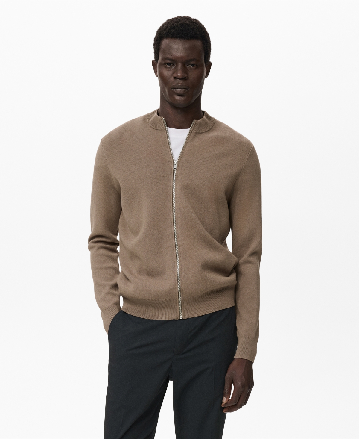 Click here for Mango Mens Zipped Knit Cardigan - Medium Brown prices