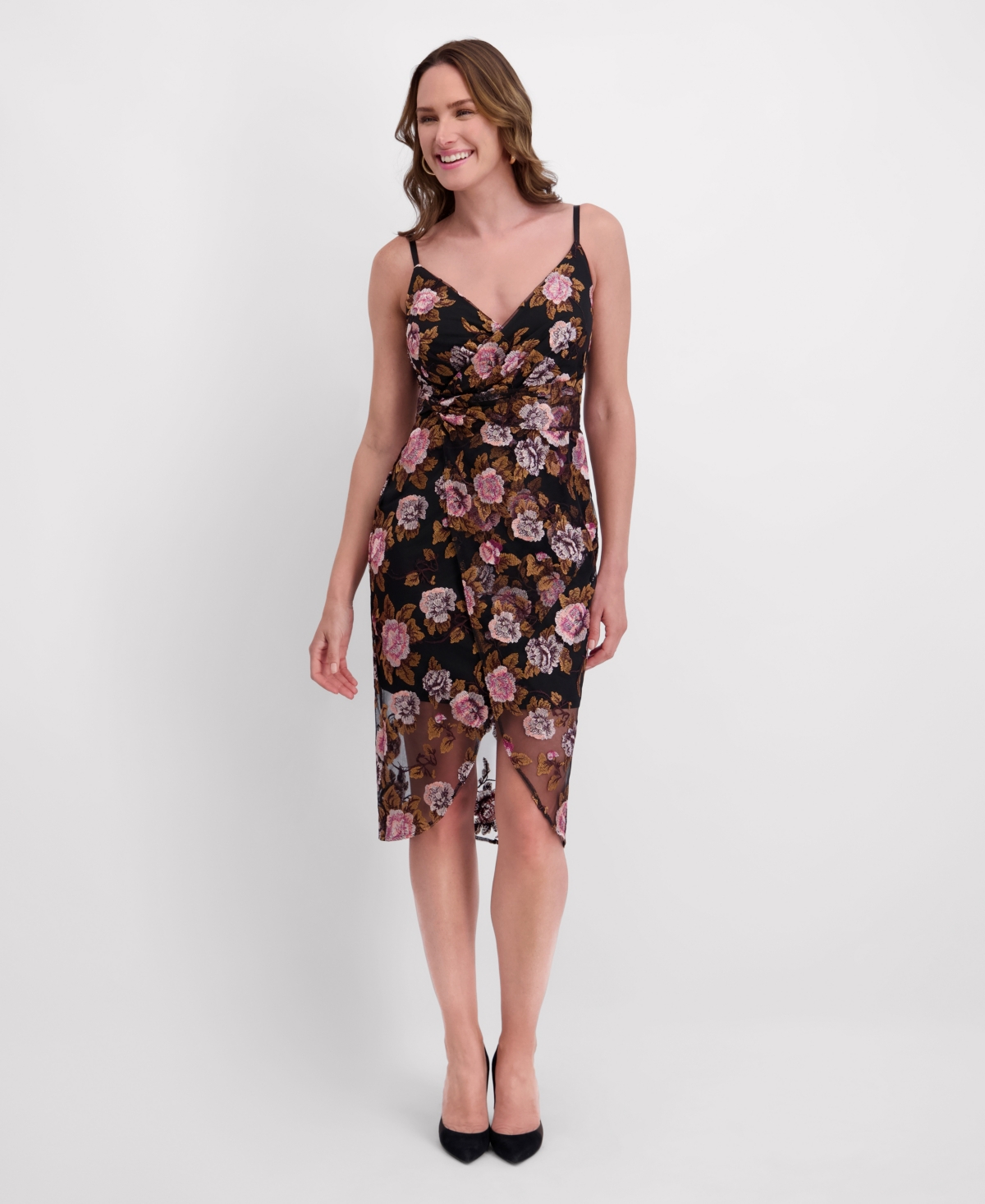 Click here for Siena Womens V-Neck Embroidered Mesh Dress - Charc... prices