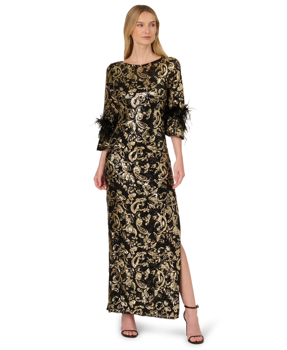 Click here for Adrianna Papell Womens Sequined Feather-Trim Gown... prices