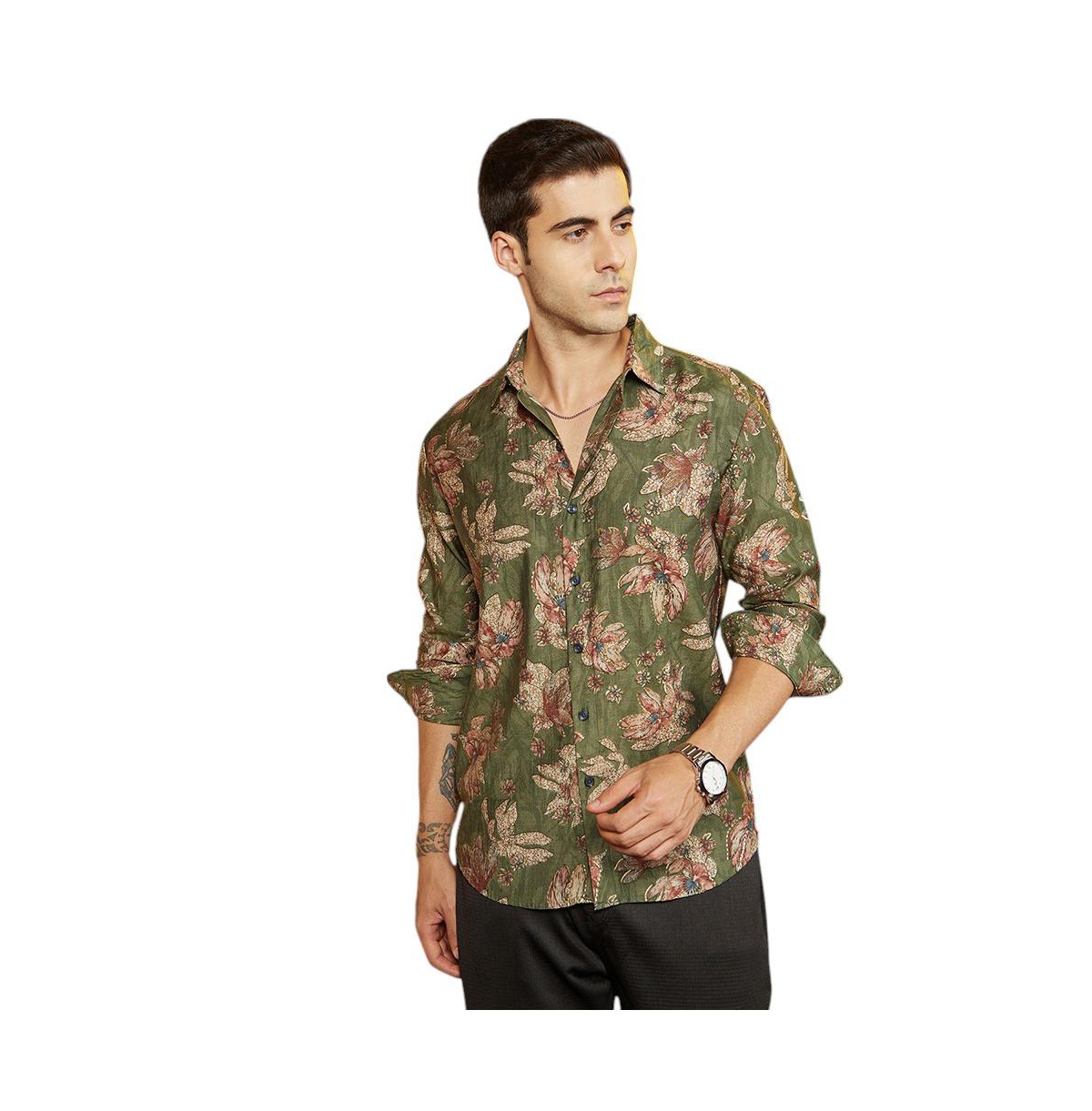 Click here for Campus Sutra Mens Olive Green Withering-Bloom Shir... prices