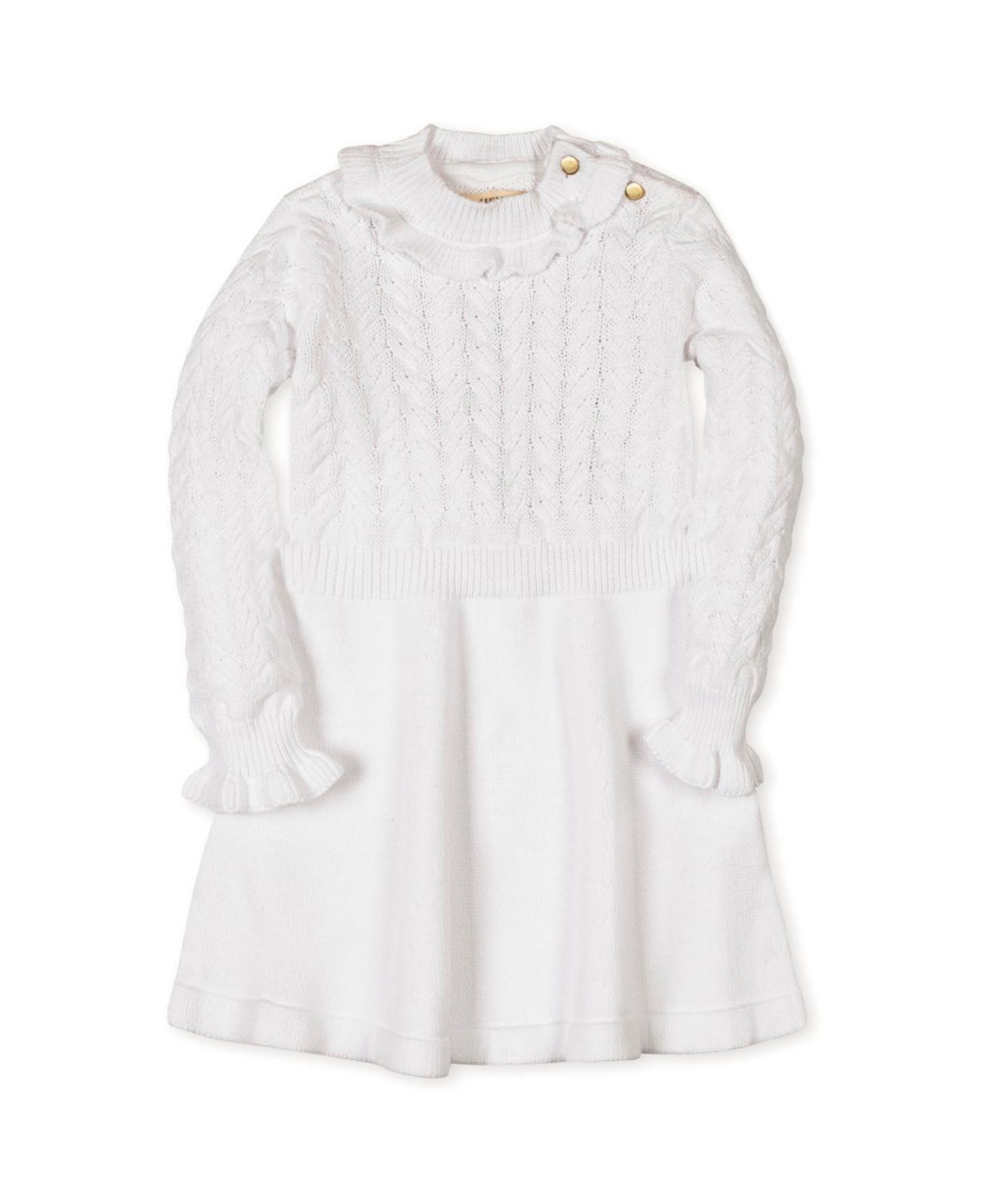 Hope & Henry Little and Big Girls Organic Chunky Ruffle Edge Sweater Dress - Soft white cable