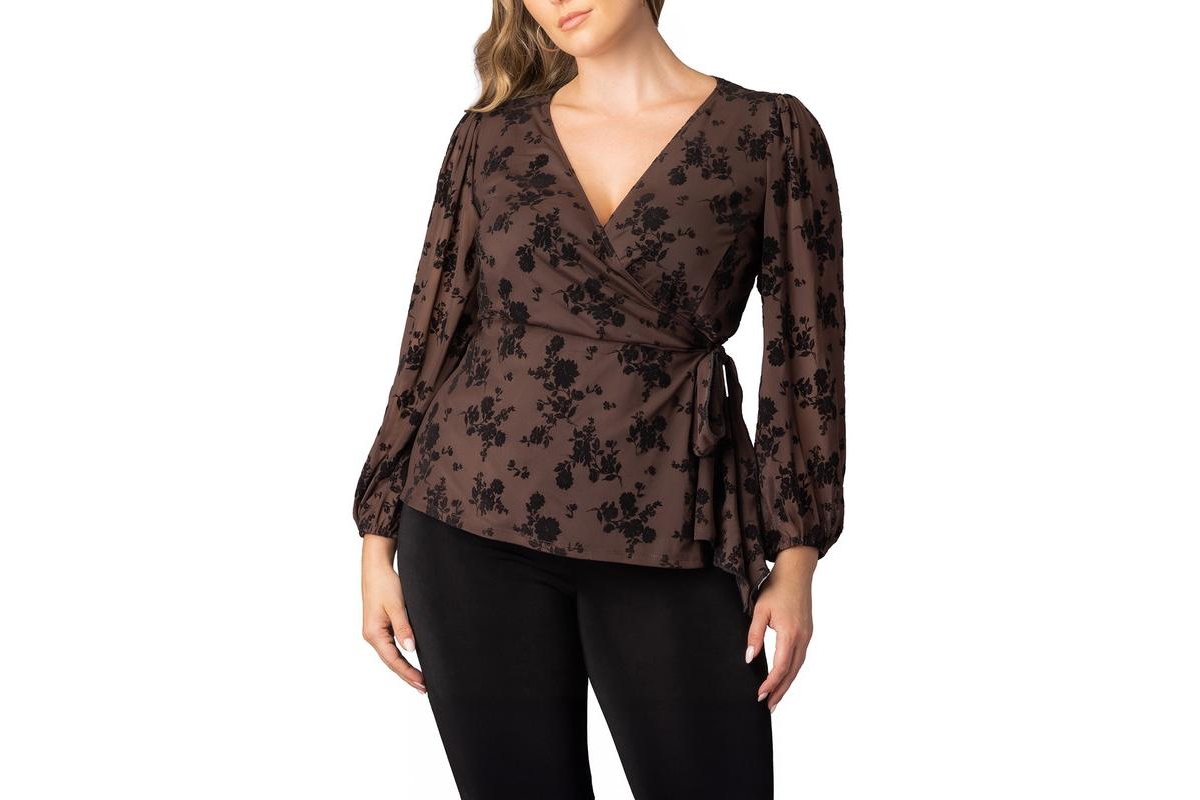 Click here for Kiyonna Plus Size Alissa Long Sleeve Mesh Wrap Top... prices
